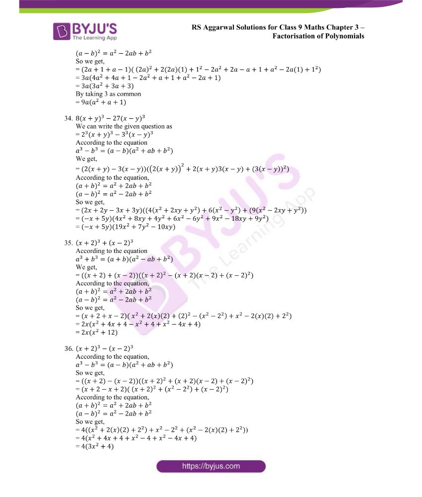 RS Aggarwal Solutions for Class 9 Exercise 3F chapter 3 Factorisation Of Polynomials-Download ...