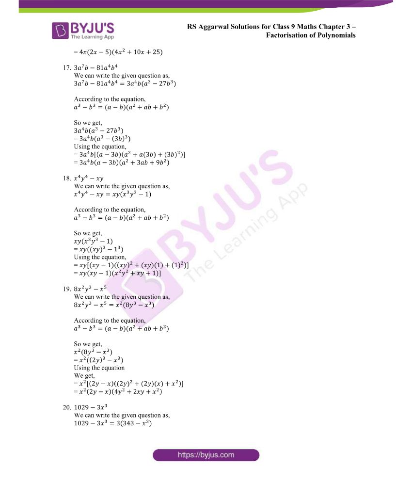 Rs Aggarwal Solutions For Class 9 Exercise 3f Chapter 3 Factorisation Of Polynomials Download