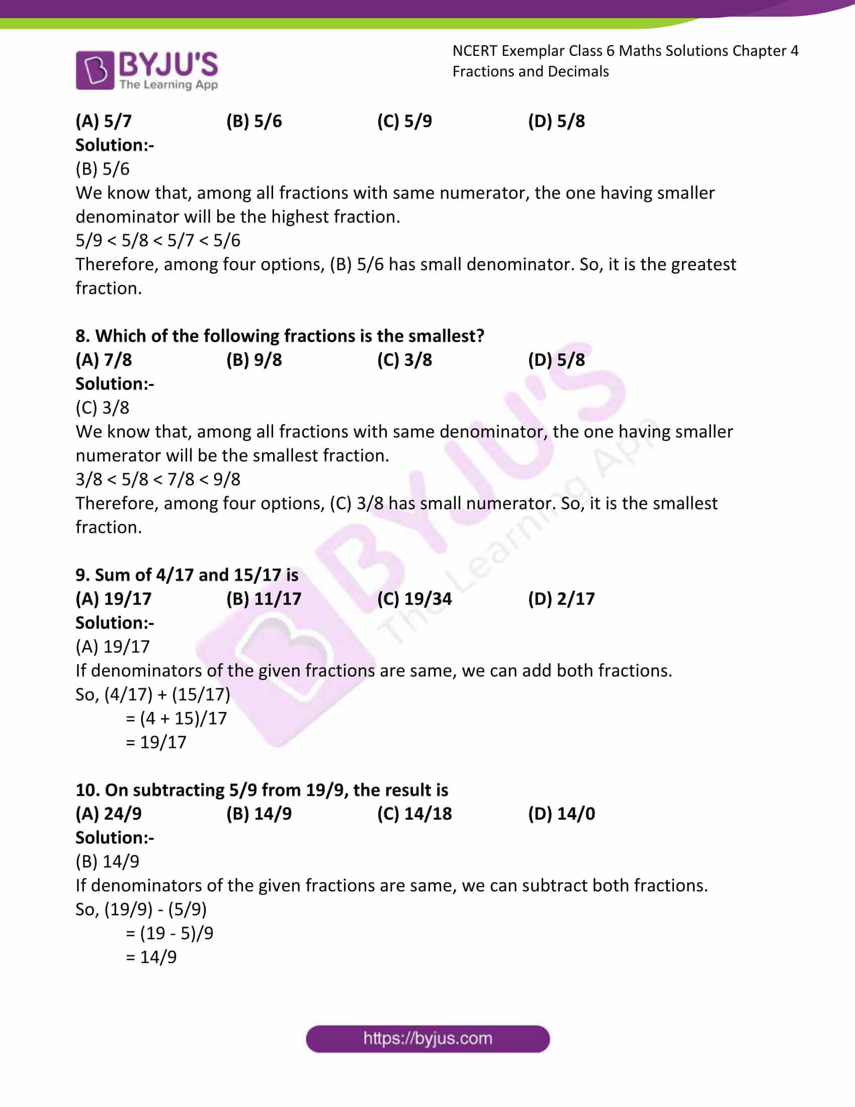 NCERT Exemplar Solutions For Class 6 Maths Chapter 4 Fractions And
