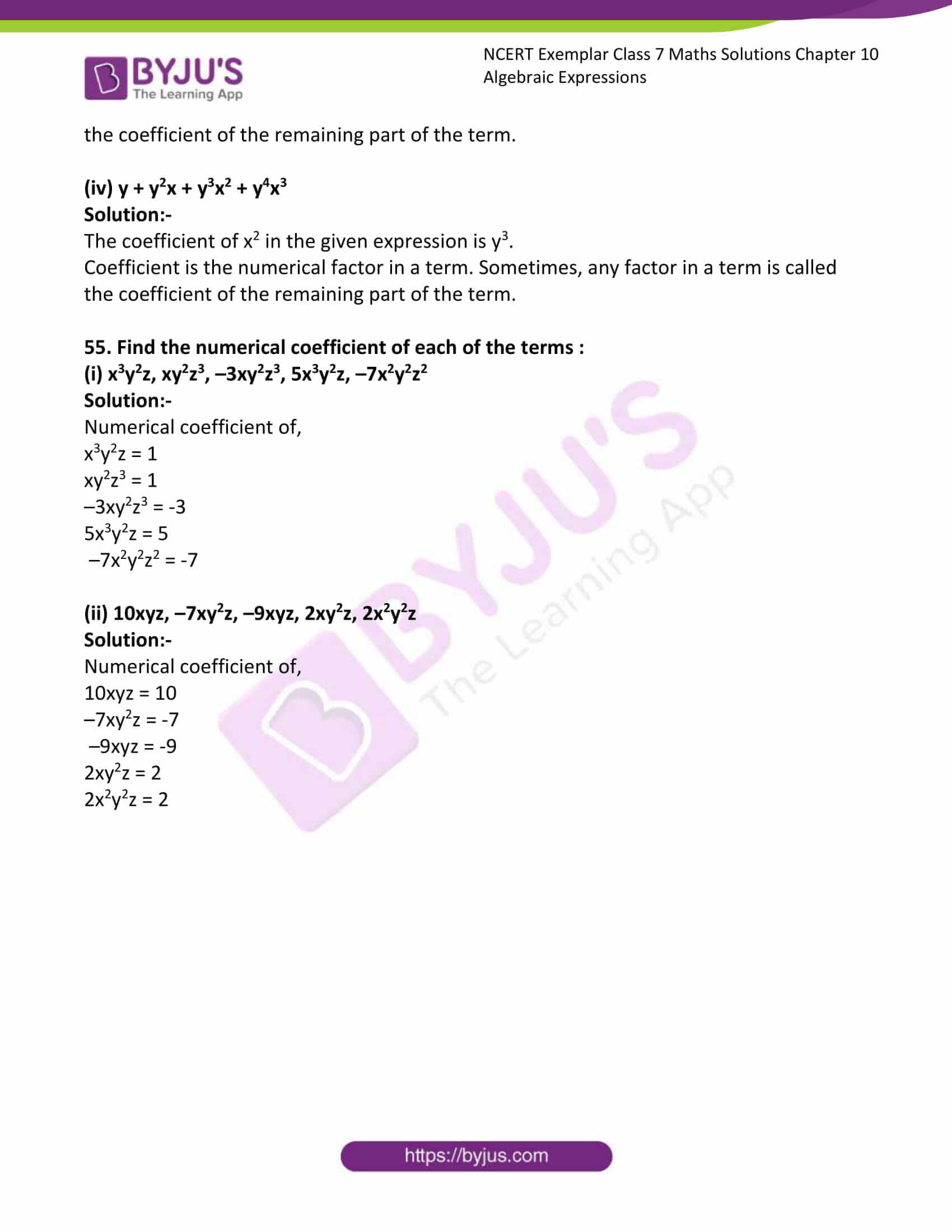 NCERT Exemplar Solutions For Class 7 Maths Chapter 10 Algebraic