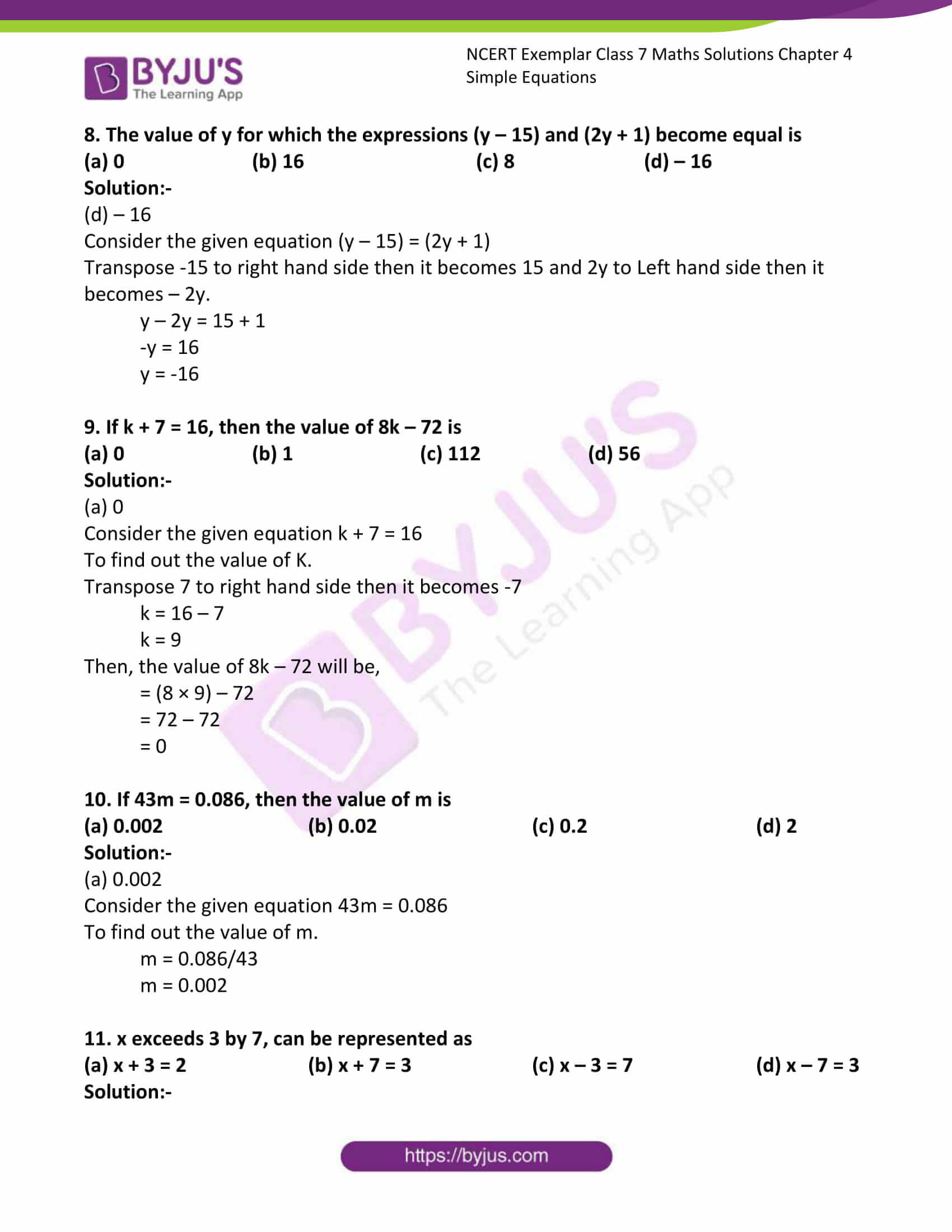 NCERT Exemplar Solutions For Class 7 Maths Chapter 4 Simple Equations