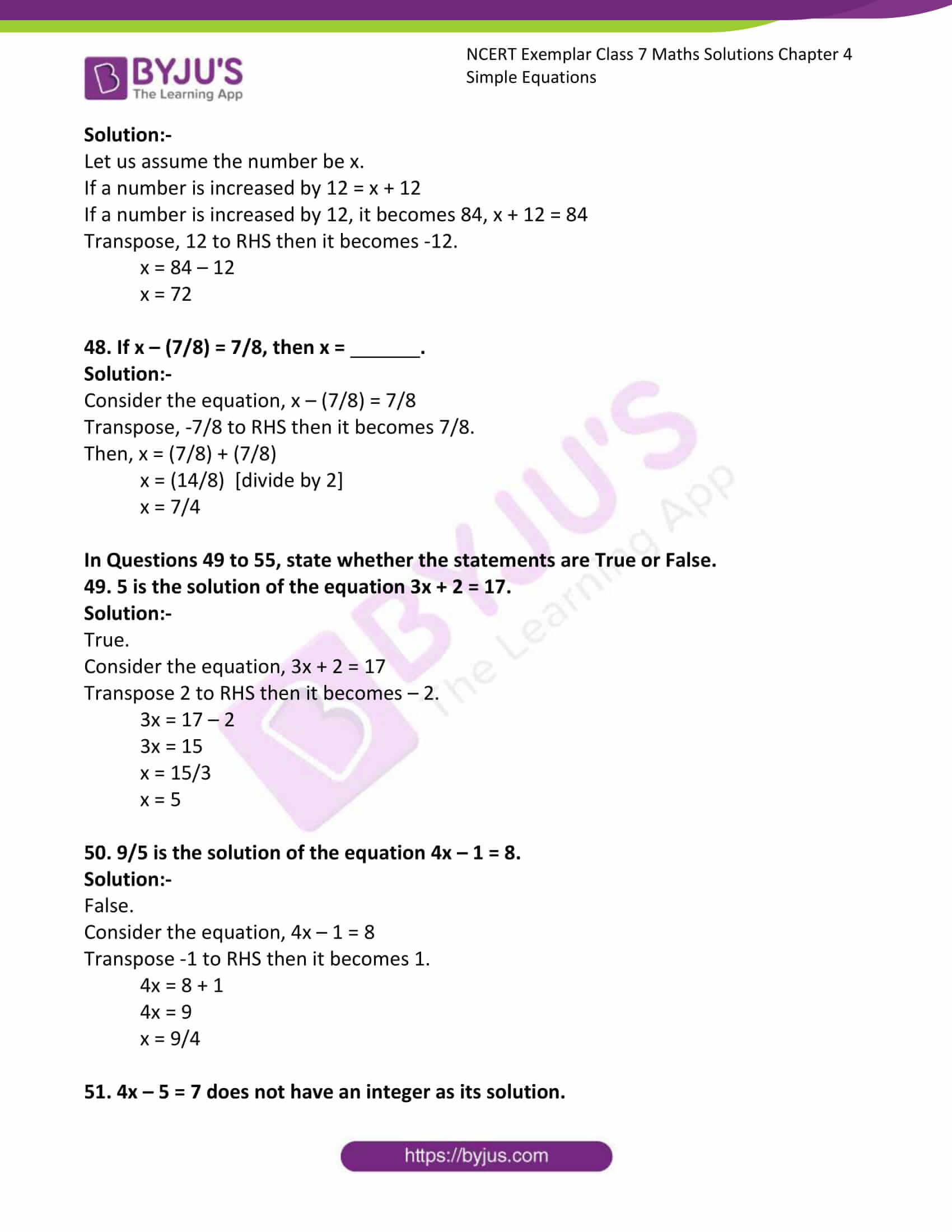 NCERT Exemplar Solutions For Class 7 Maths Chapter 4 Simple Equations NCERT Exemplar Solutions For Class 7 Maths Chapter 4 Simple Equations