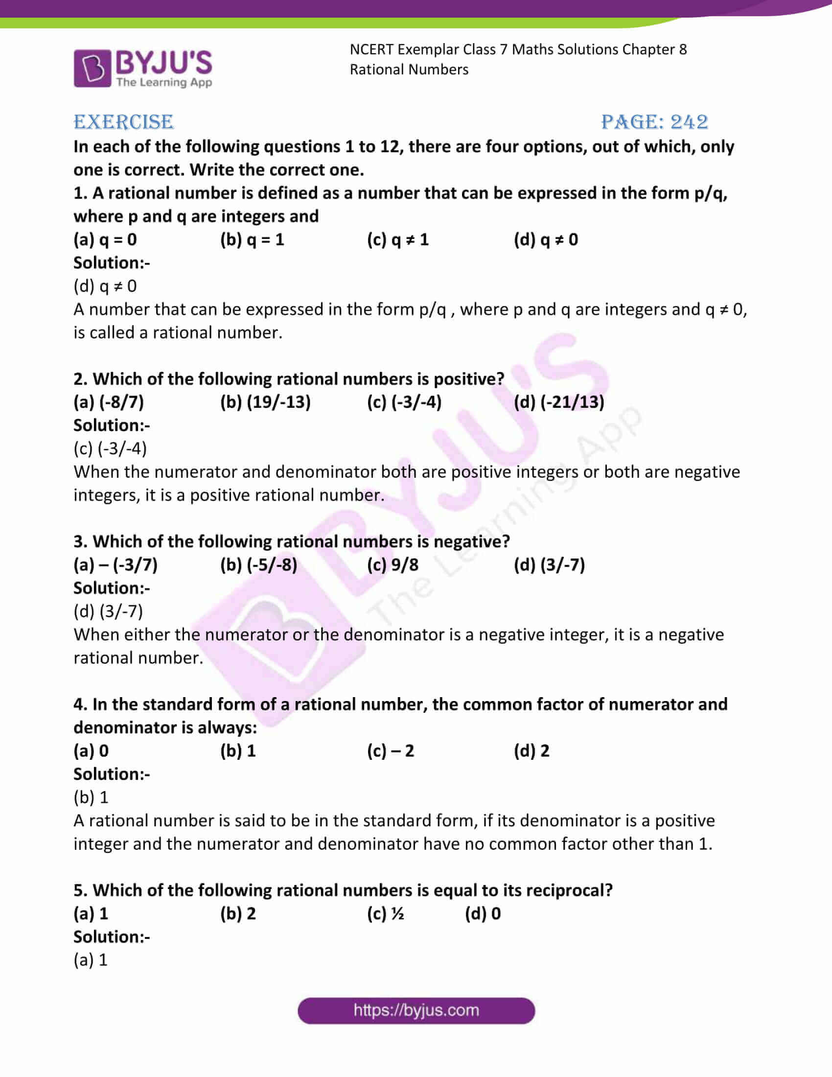 NCERT Exemplar Solutions For Class 7 Maths Chapter 8 Rational Numbers