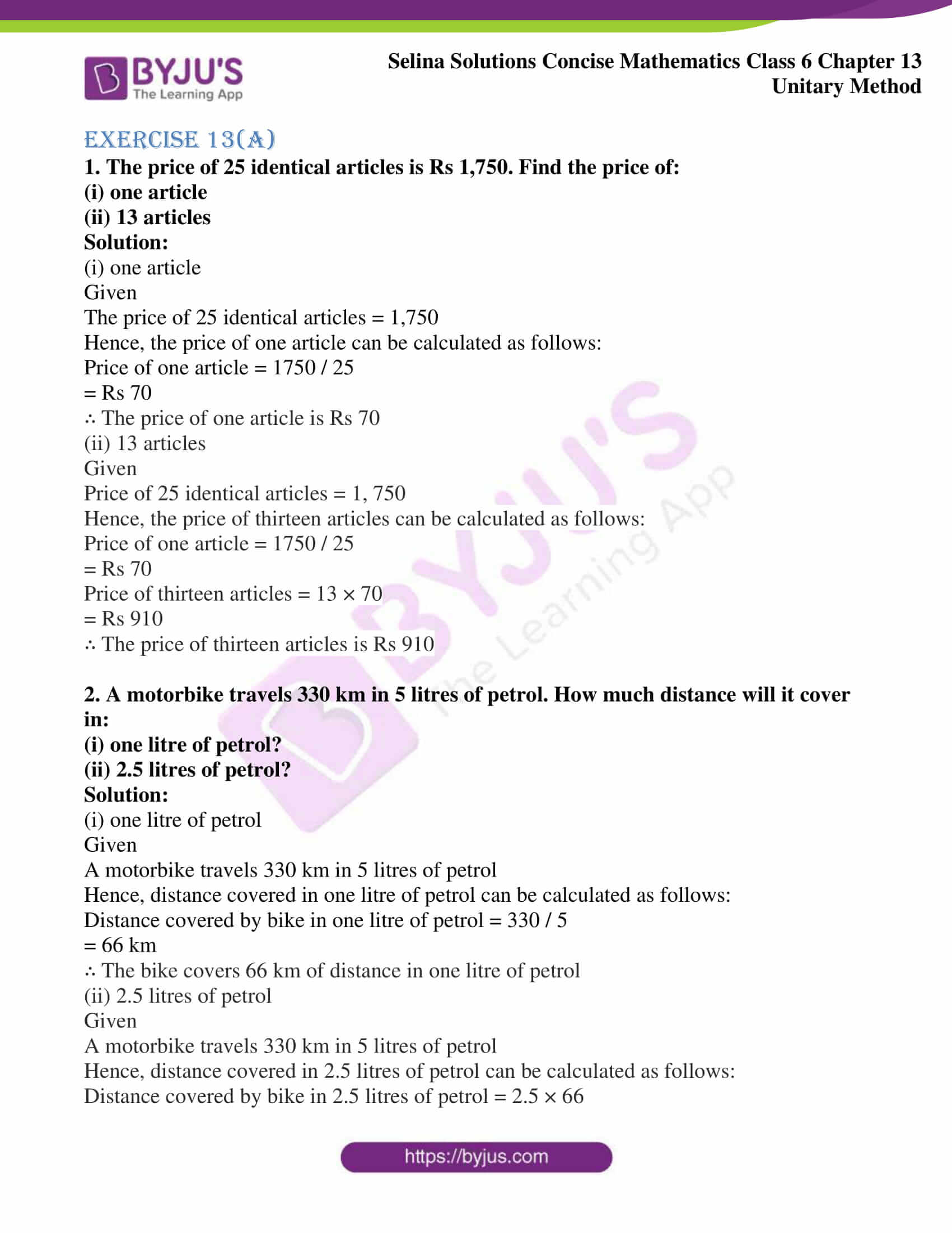 Selina Solutions Concise Mathematics Class 6 Chapter 13 Unitary Method