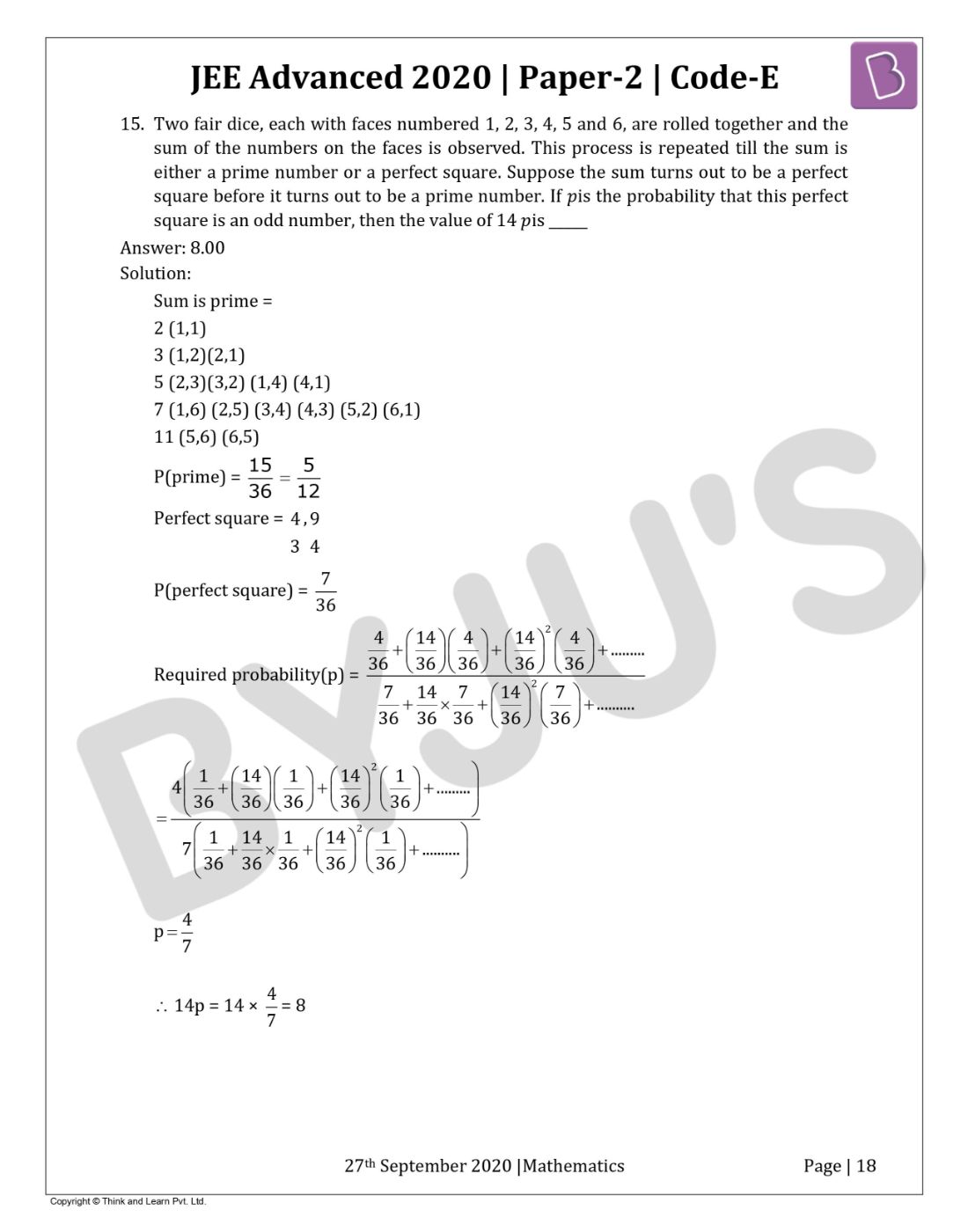 JEE Advanced 2020 Maths Paper 2 Solutions Download PDF JEE Advanced 2020 Maths Paper 2 Solutions Download PDF