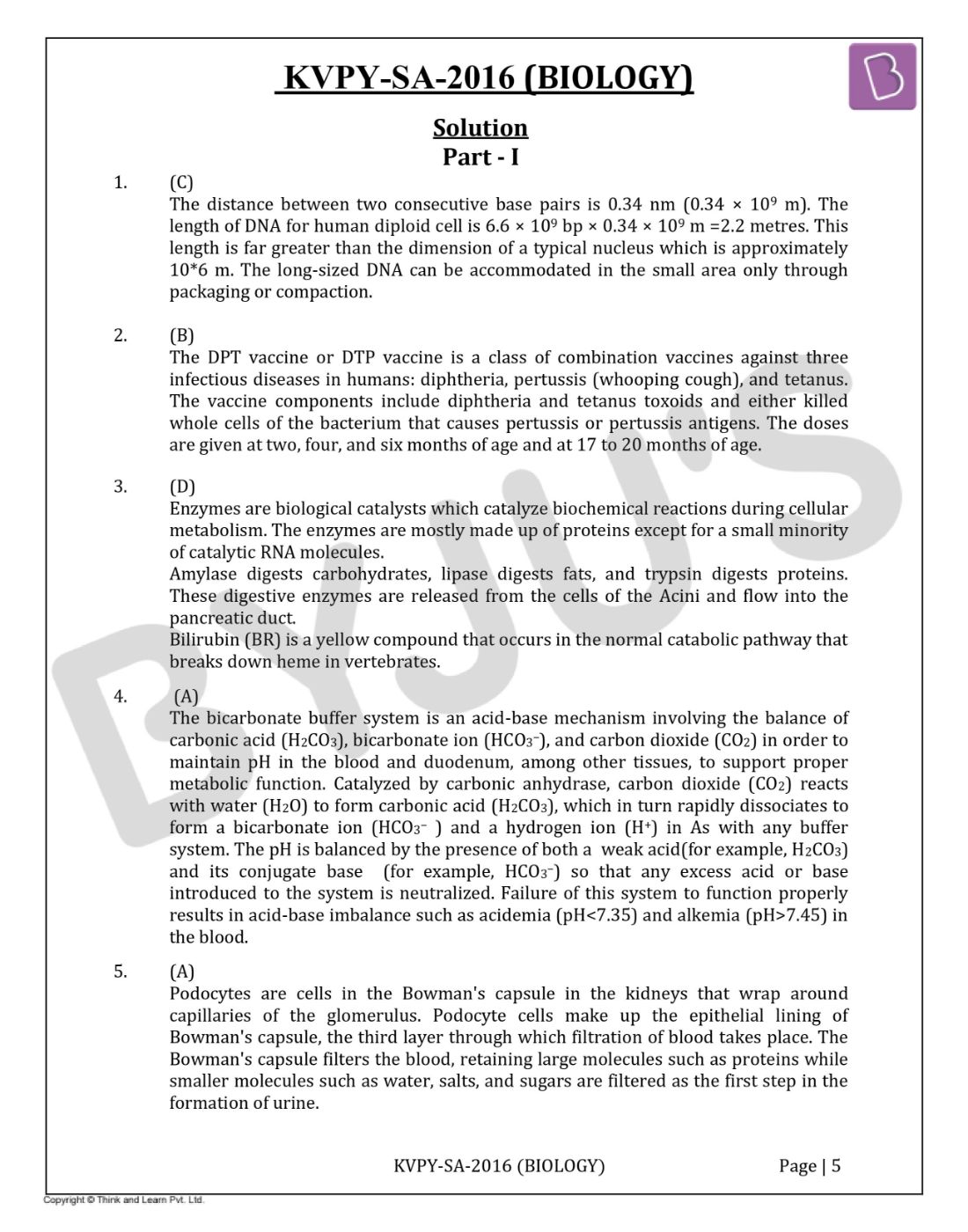 KVPY SA 2016 Biology Paper with Solutions- Download PDF