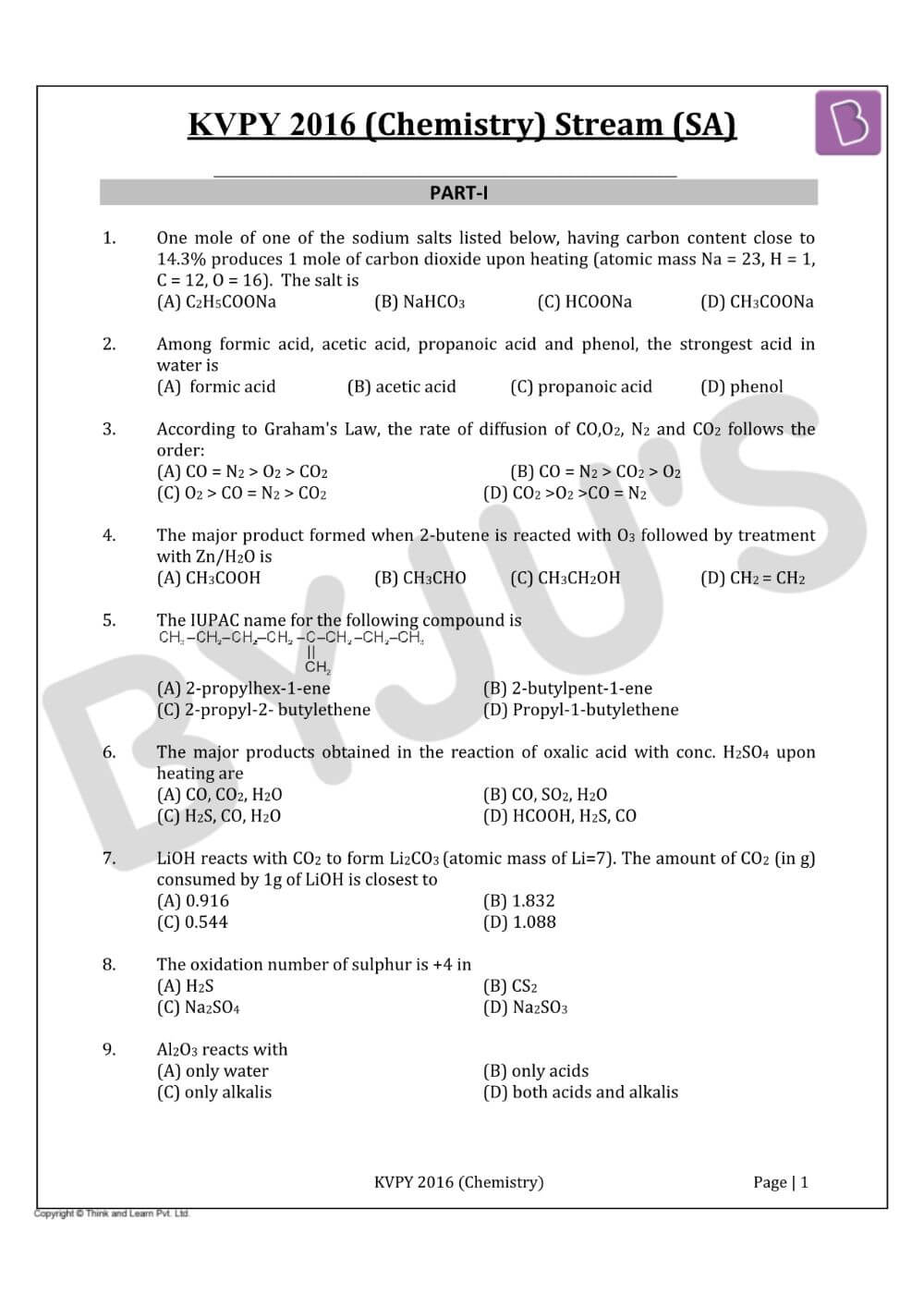Solved KVPY-SA 2016 Chemistry Paper - Download PDF