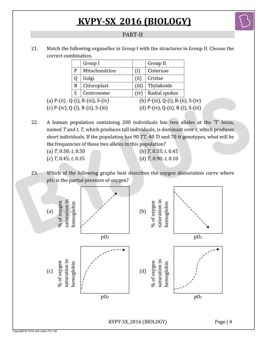 KVPY-SX 2016 Biology Question Paper with Solutions PDF Download