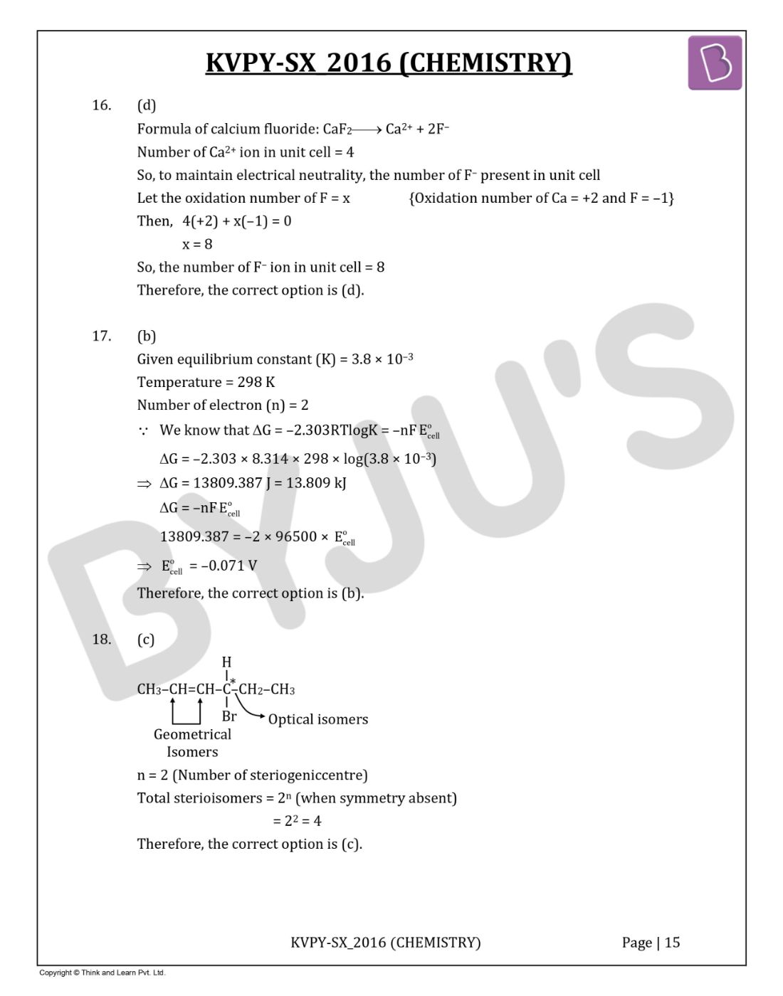 KVPY-SX 2016 Chemistry Question Paper with Solutions PDF Download