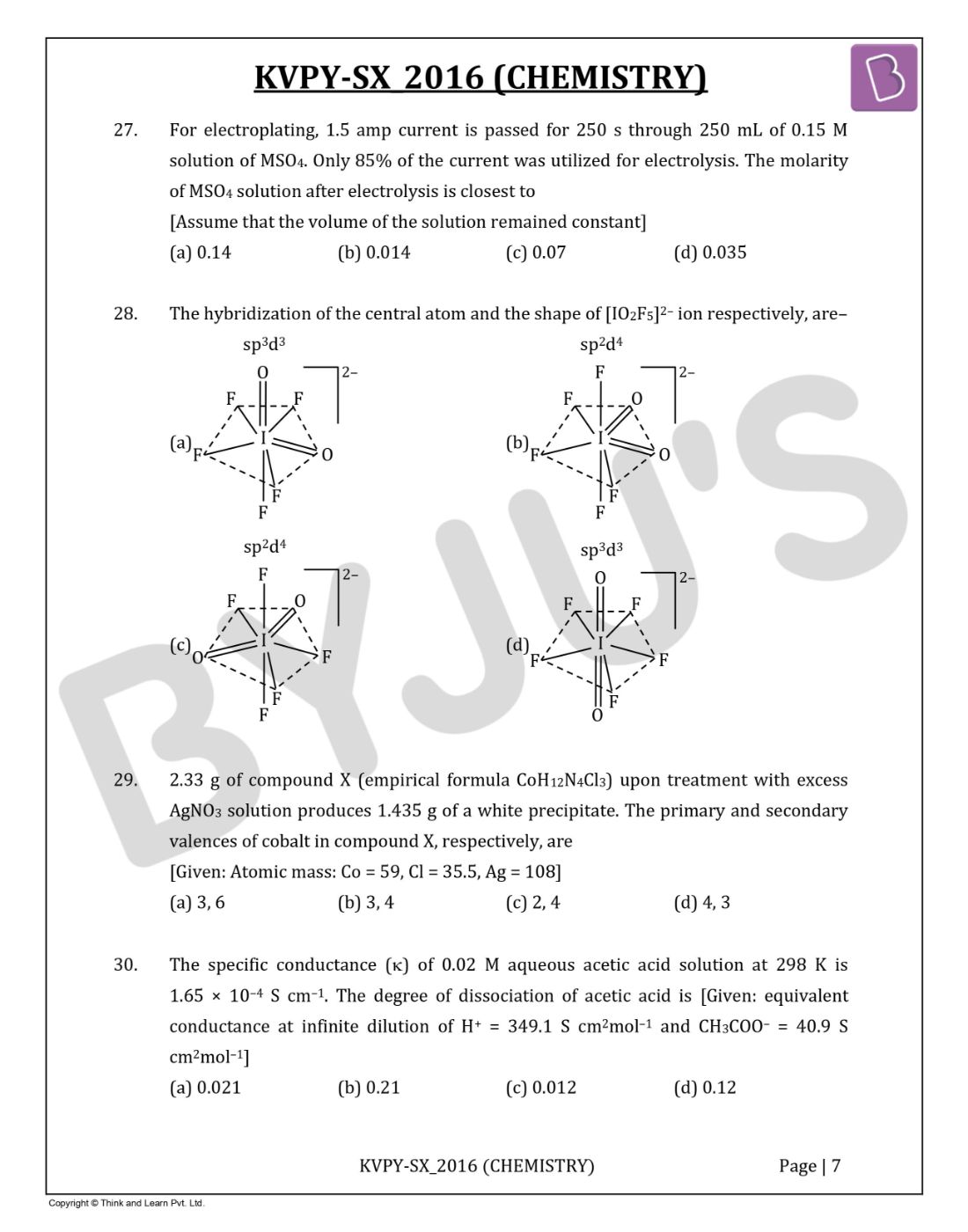 KVPY-SX 2016 Chemistry Question Paper with Solutions PDF Download