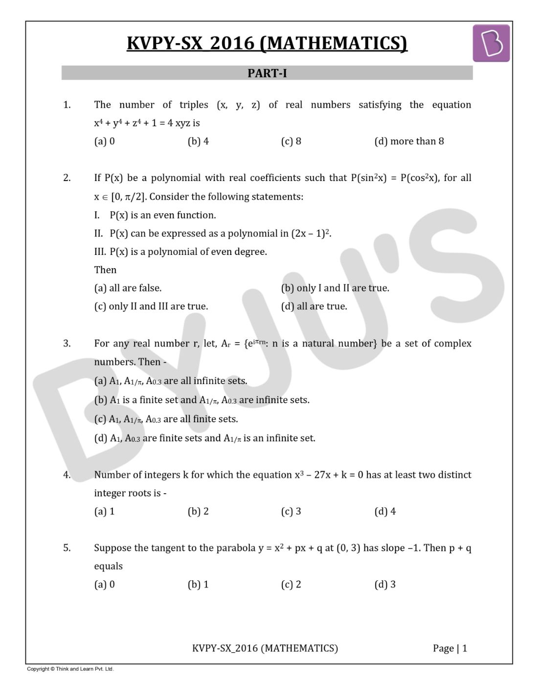 KVPY-SX 2016 Maths Question Paper with Solutions - Download PDF