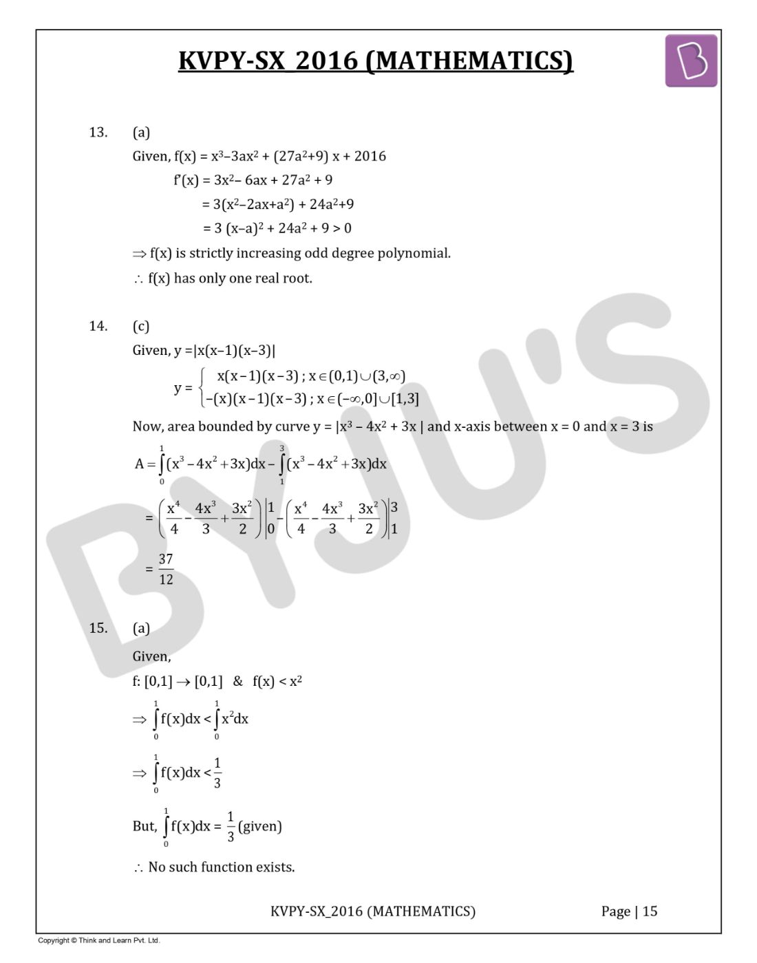KVPY-SX 2016 Maths Question Paper with Solutions - Download PDF