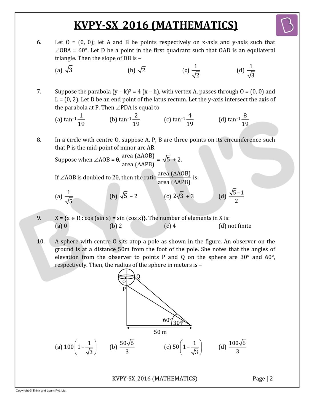 KVPY-SX 2016 Maths Question Paper with Solutions - Download PDF