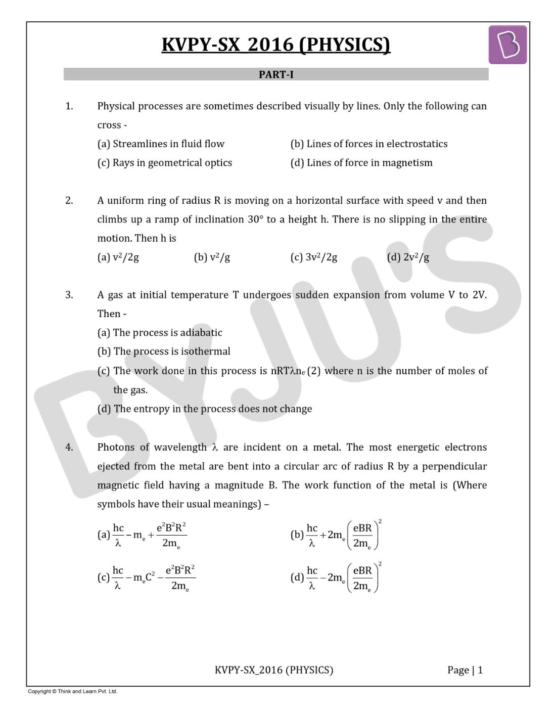 KVPY-SX 2016 Physics Question Paper with Solutions - Download PDF