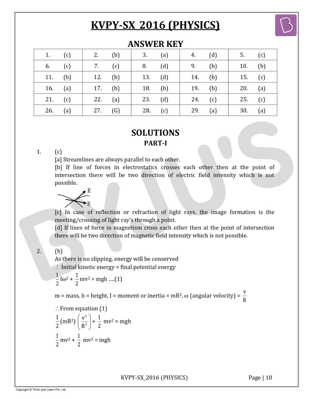 KVPY-SX 2016 Physics Question Paper with Solutions - Download PDF