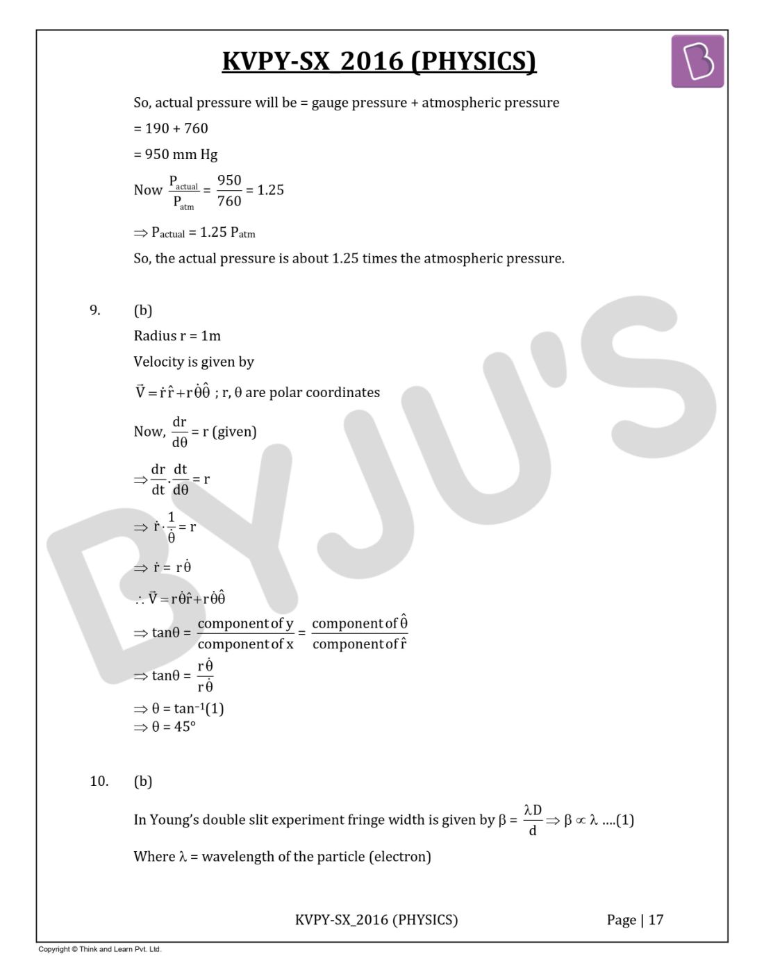 KVPY-SX 2016 Physics Question Paper with Solutions - Download PDF