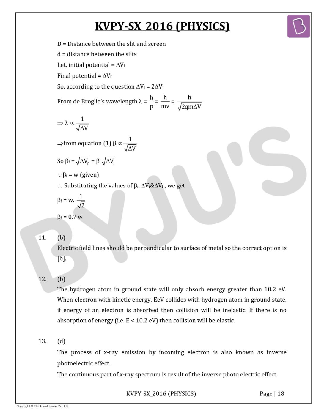 KVPY-SX 2016 Physics Question Paper with Solutions - Download PDF