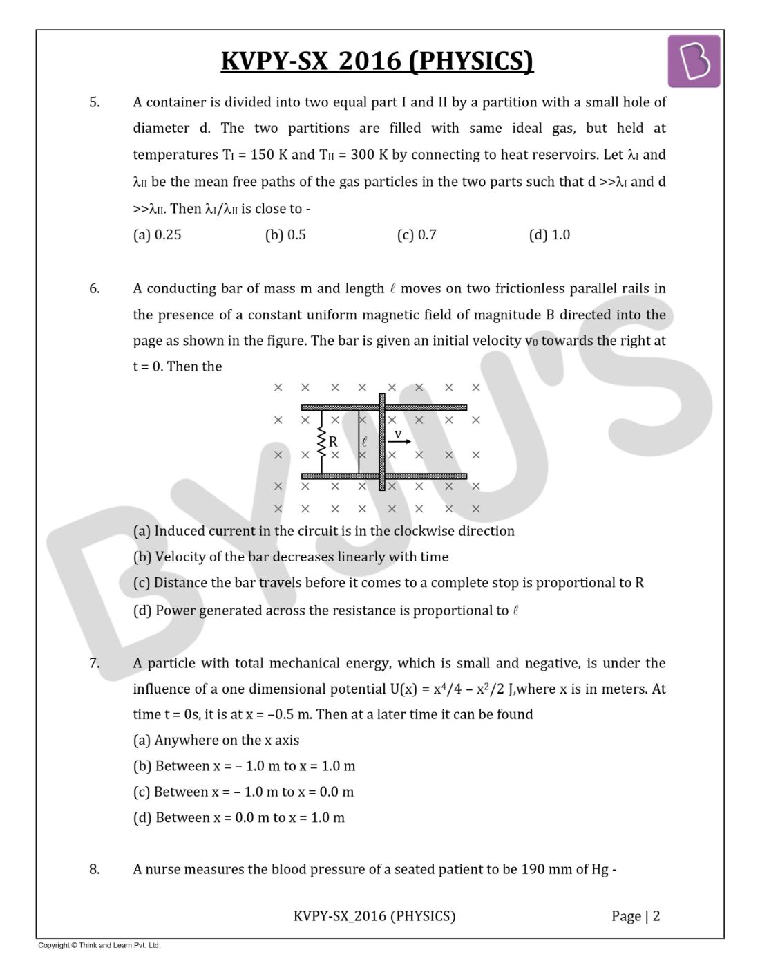 KVPY-SX 2016 Physics Question Paper with Solutions - Download PDF