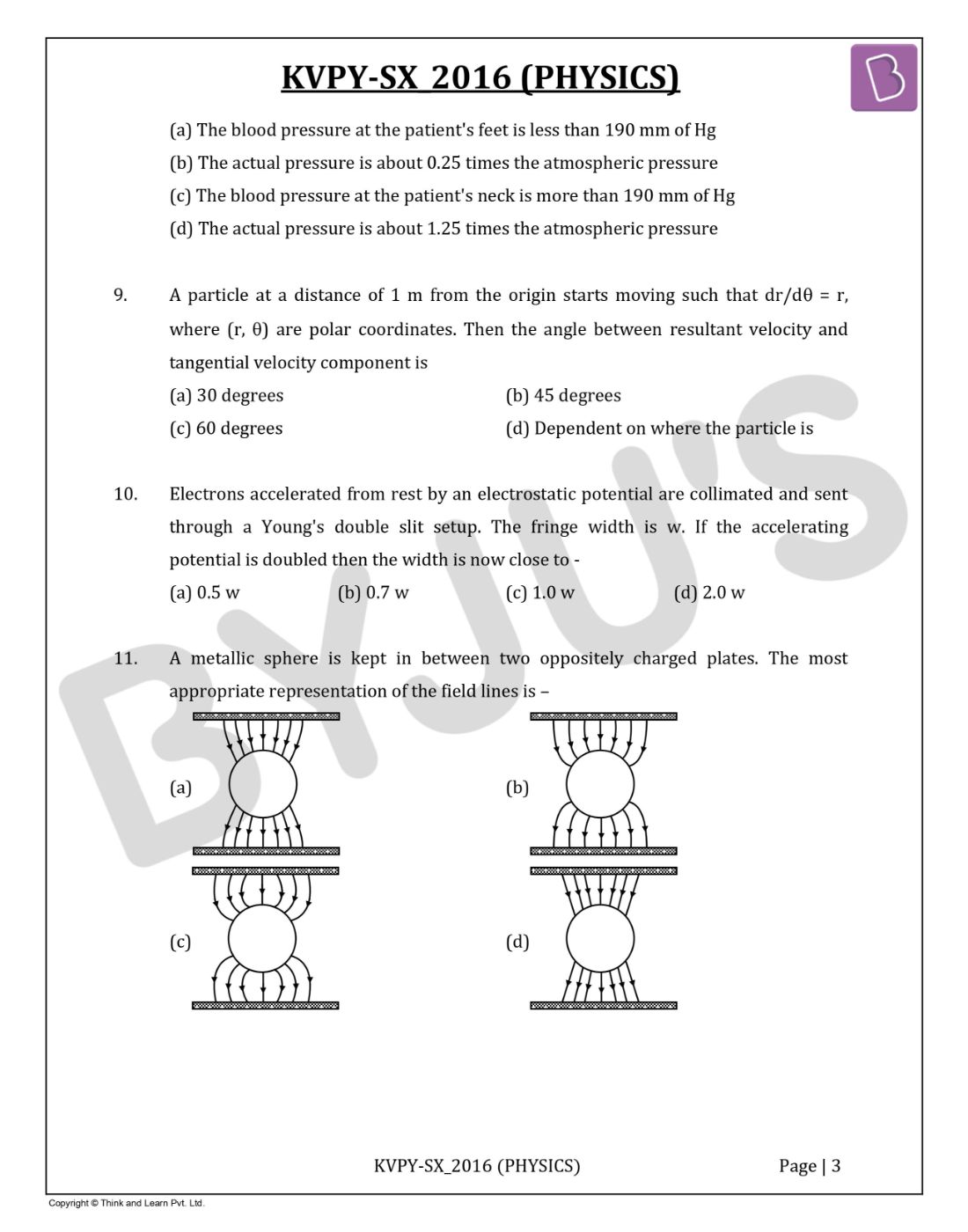 KVPY-SX 2016 Physics Question Paper with Solutions - Download PDF
