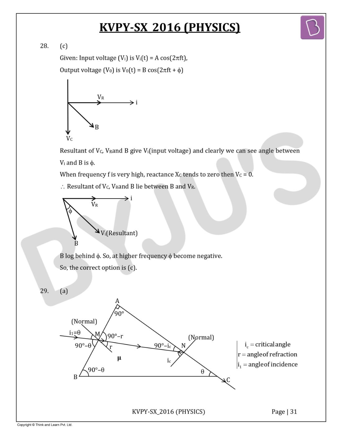 KVPY-SX 2016 Physics Question Paper with Solutions - Download PDF