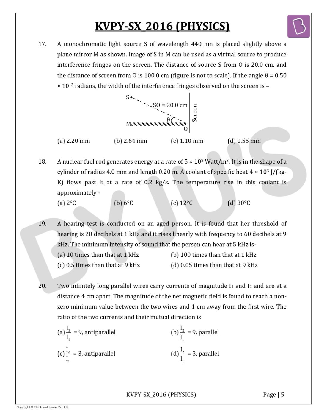 KVPY-SX 2016 Physics Question Paper with Solutions - Download PDF