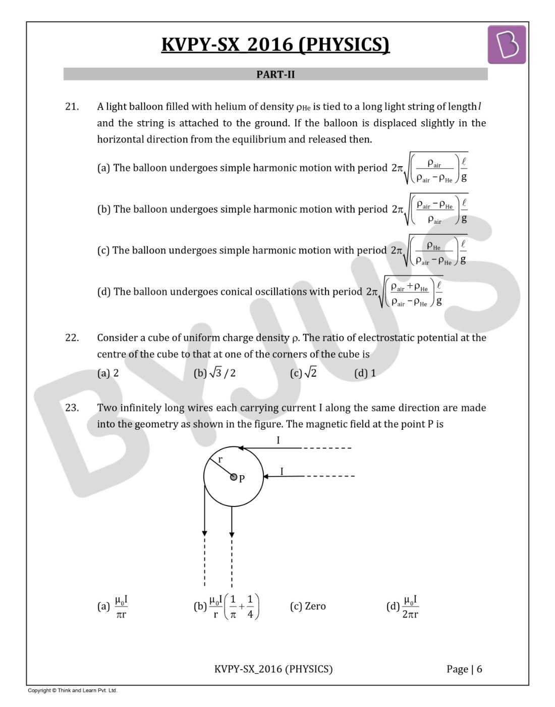 KVPY-SX 2016 Physics Question Paper with Solutions - Download PDF