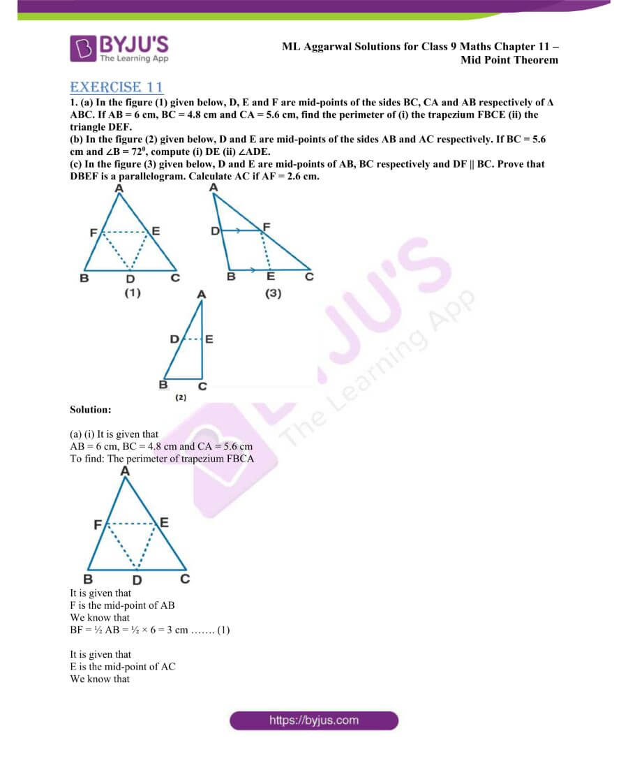 ML Aggarwal Solutions For Class 9 Maths Chapter 11 Mid Point Theorem