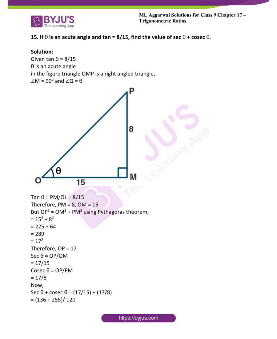 ML Aggarwal Solutions For Class 9 Chapter 17 Trigonometric Ratios ML Aggarwal Solutions For Class 9 Chapter 17 Trigonometric Ratios