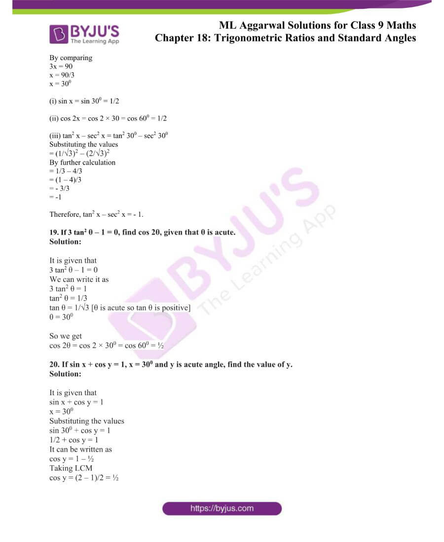 ML Aggarwal Solutions For Class 9 Maths Chapter 18 Trigonometric Ratios ML Aggarwal Solutions For Class 9 Maths Chapter 18 Trigonometric Ratios