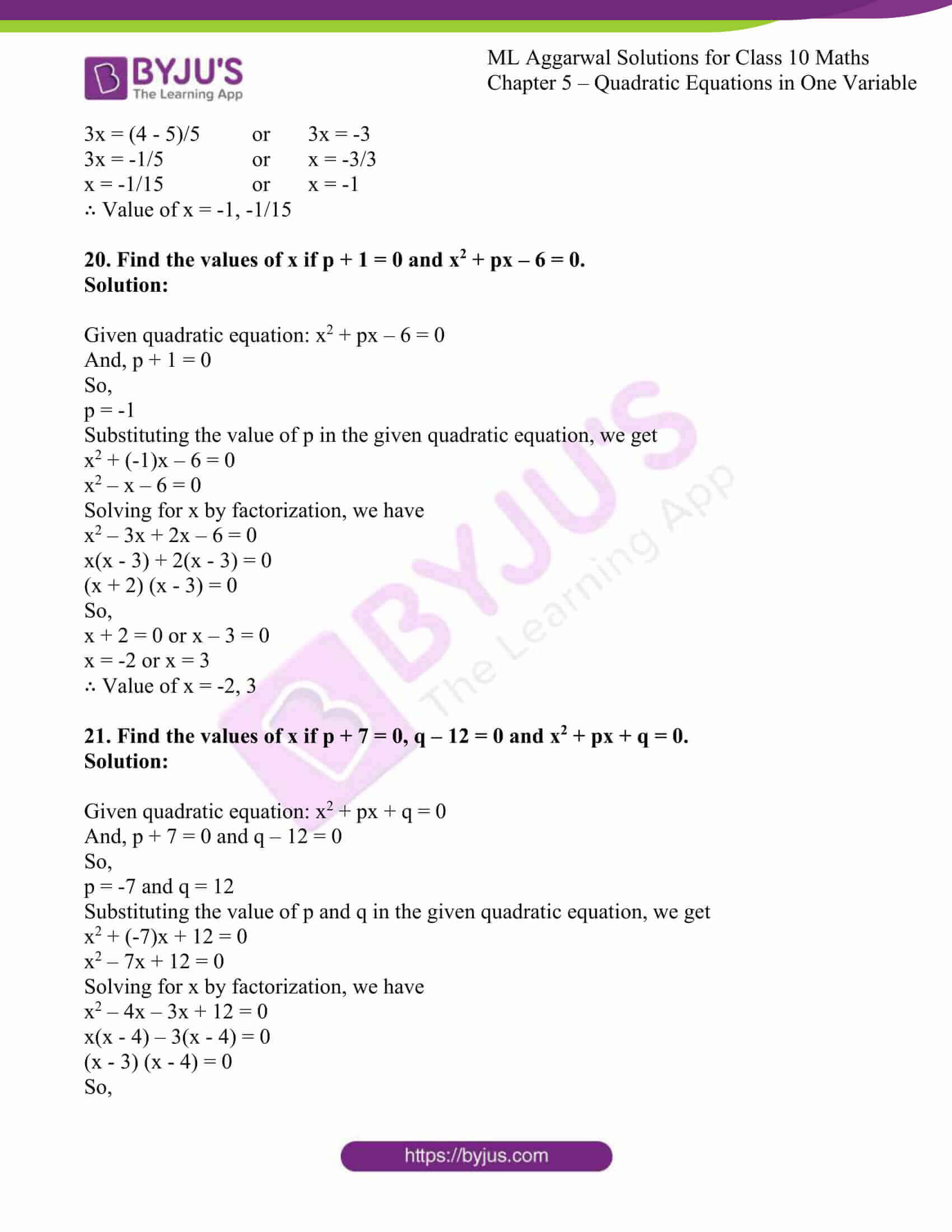 ML Aggarwal Solutions For Class 10 Chapter 5 Quadratic Equations In 