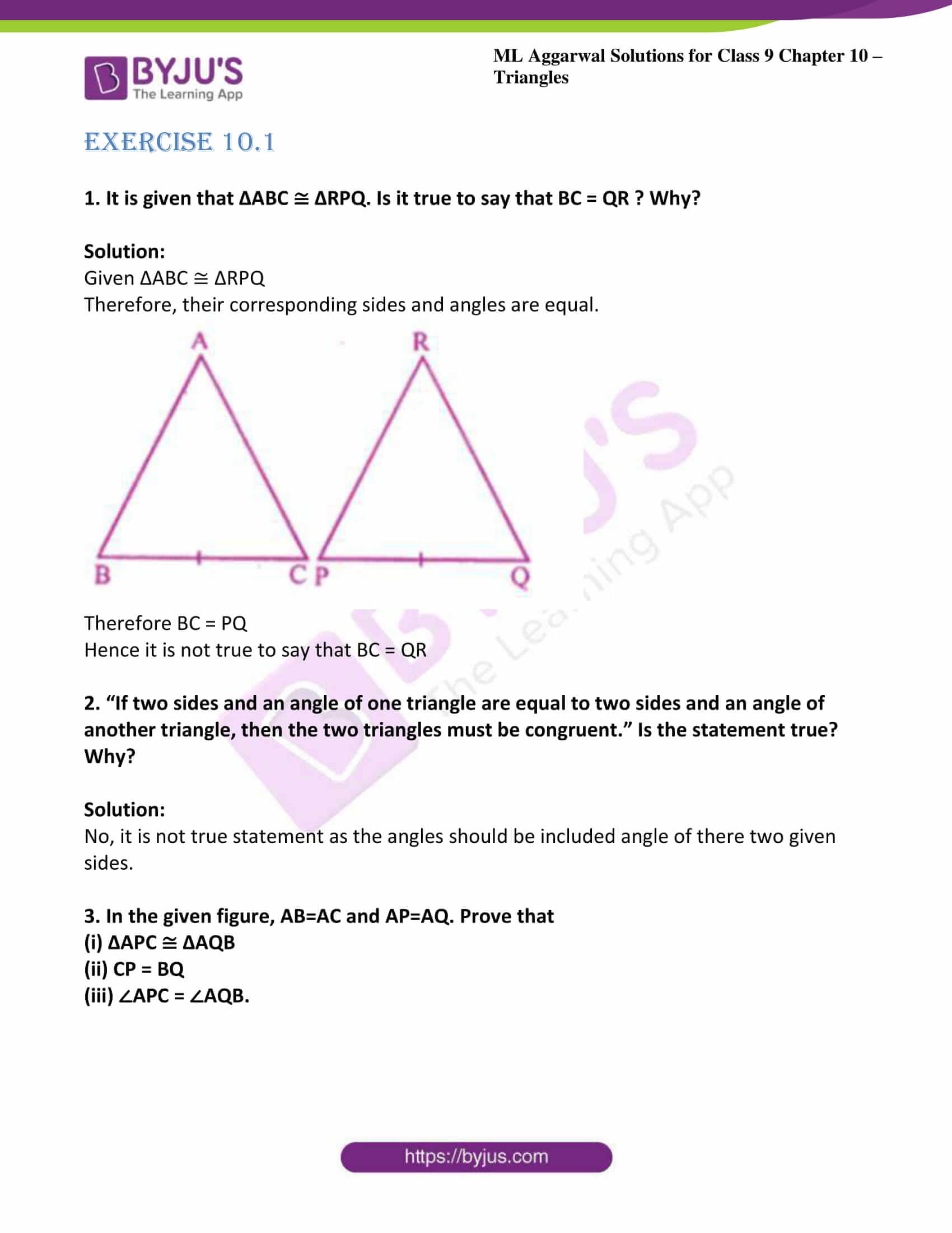 ML Aggarwal Solutions For Class 9 Chapter 10 Triangles Download Free PDF ML Aggarwal Solutions For Class 9 Chapter 10 Triangles Download Free PDF