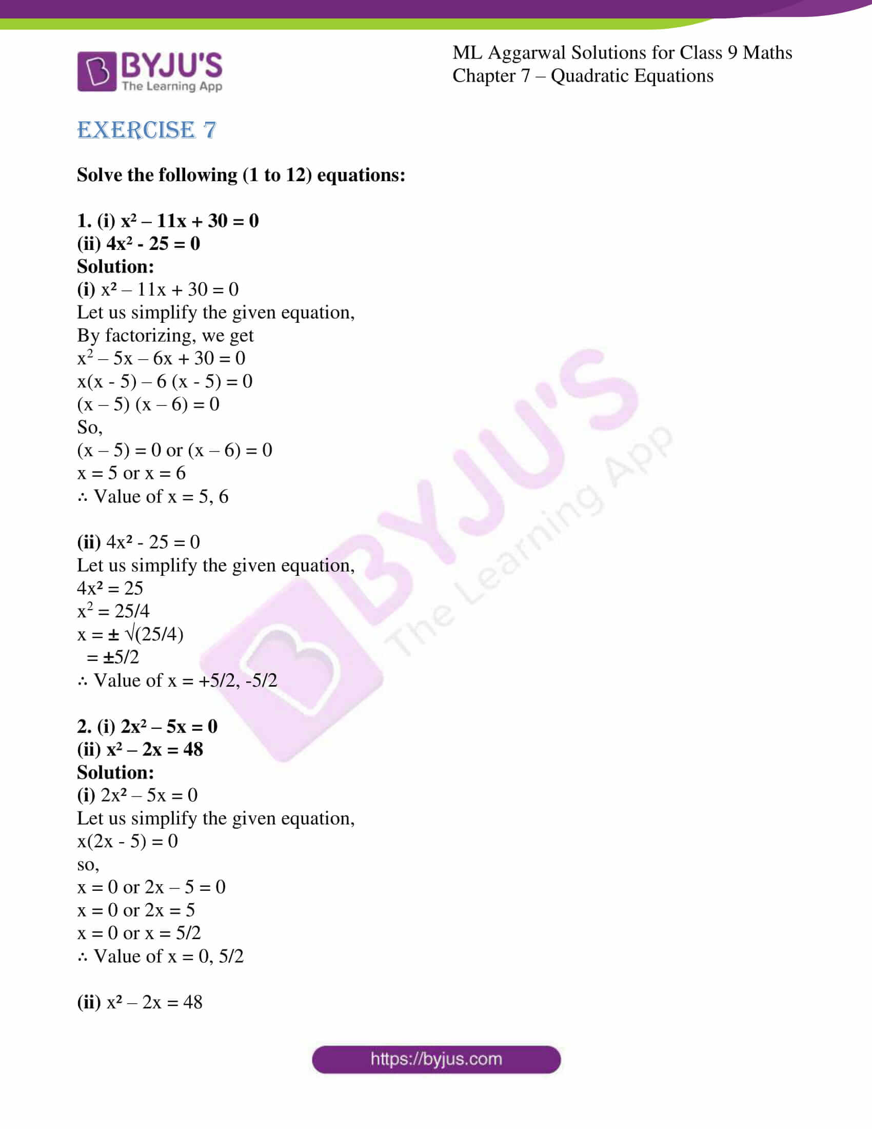 ML Aggarwal Solutions For Class 9 Chapter 7 Quadratic Equations