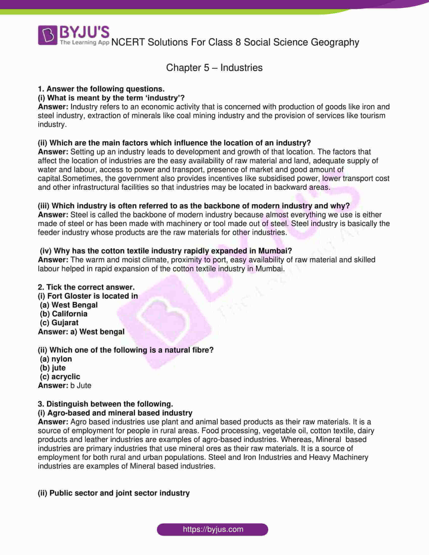 NCERT Solutions For Class 8 Geography Social Science Chapter 5 Industries NCERT Solutions For Class 8 Geography Social Science Chapter 5 Industries