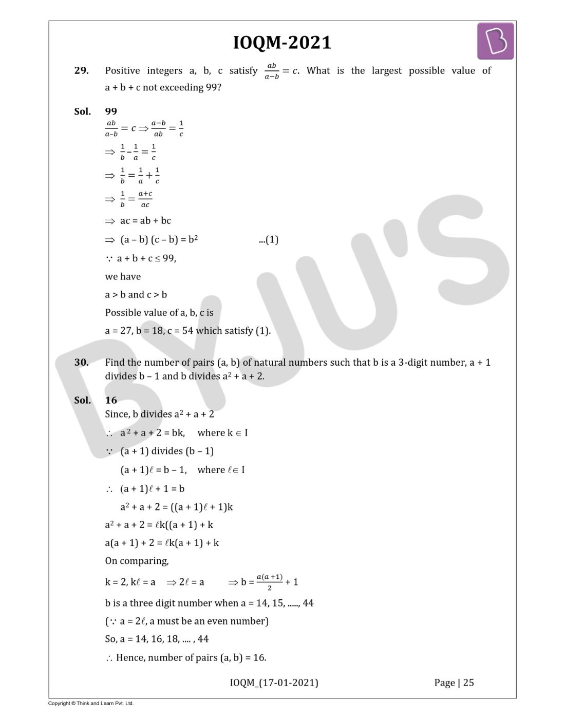 IOQM 2021 Question Paper With Solutions Download PDF