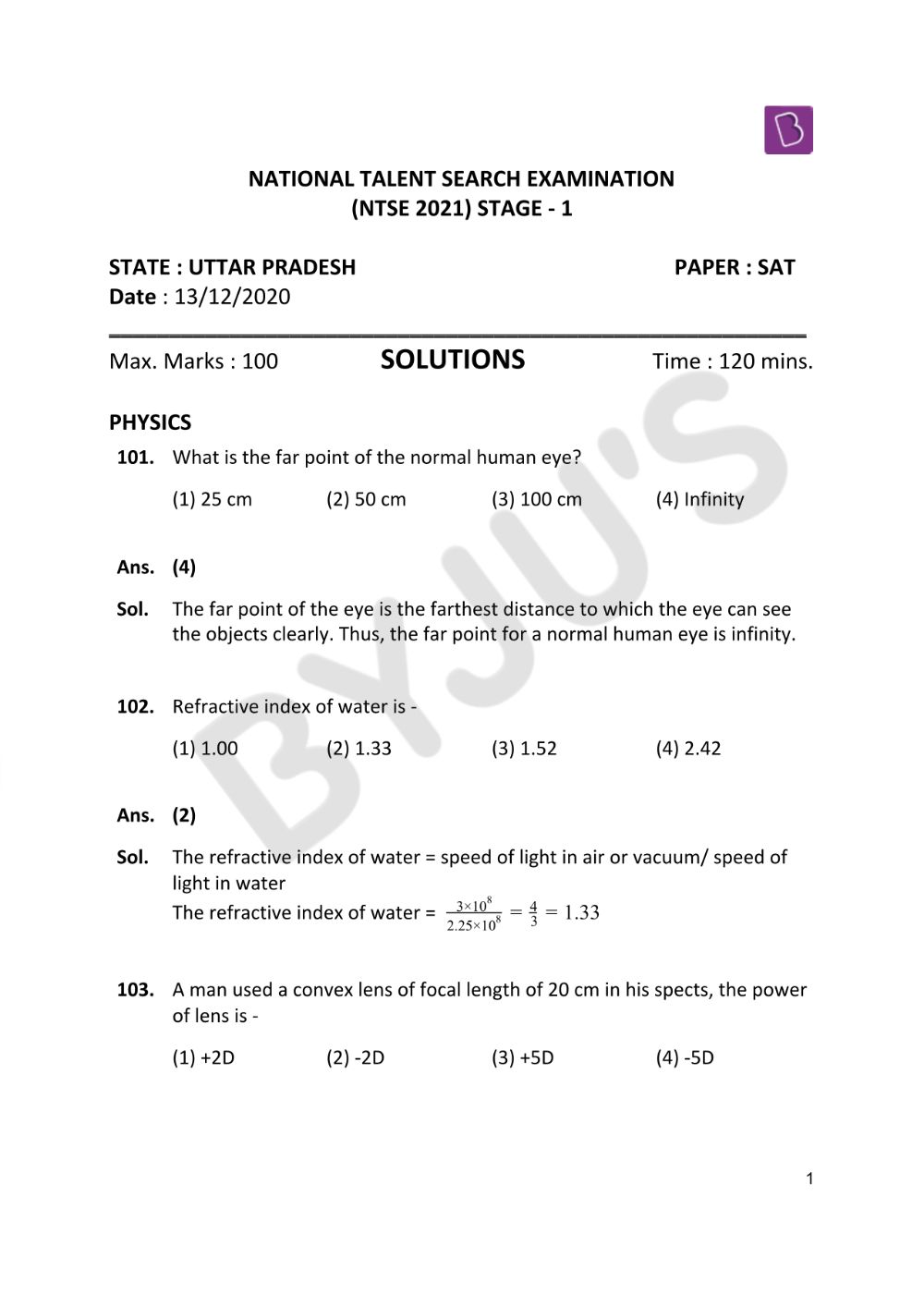 Uttar Pradesh 2020-21 NTSE Stage 1 Answer Key & Question Paper With ...