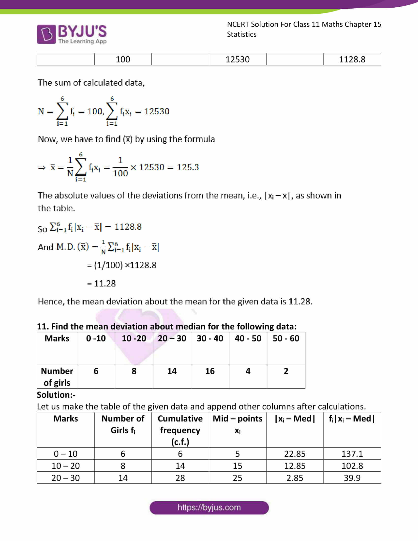 NCERT Solutions for Class 11 Maths Chapter 15 Statistics