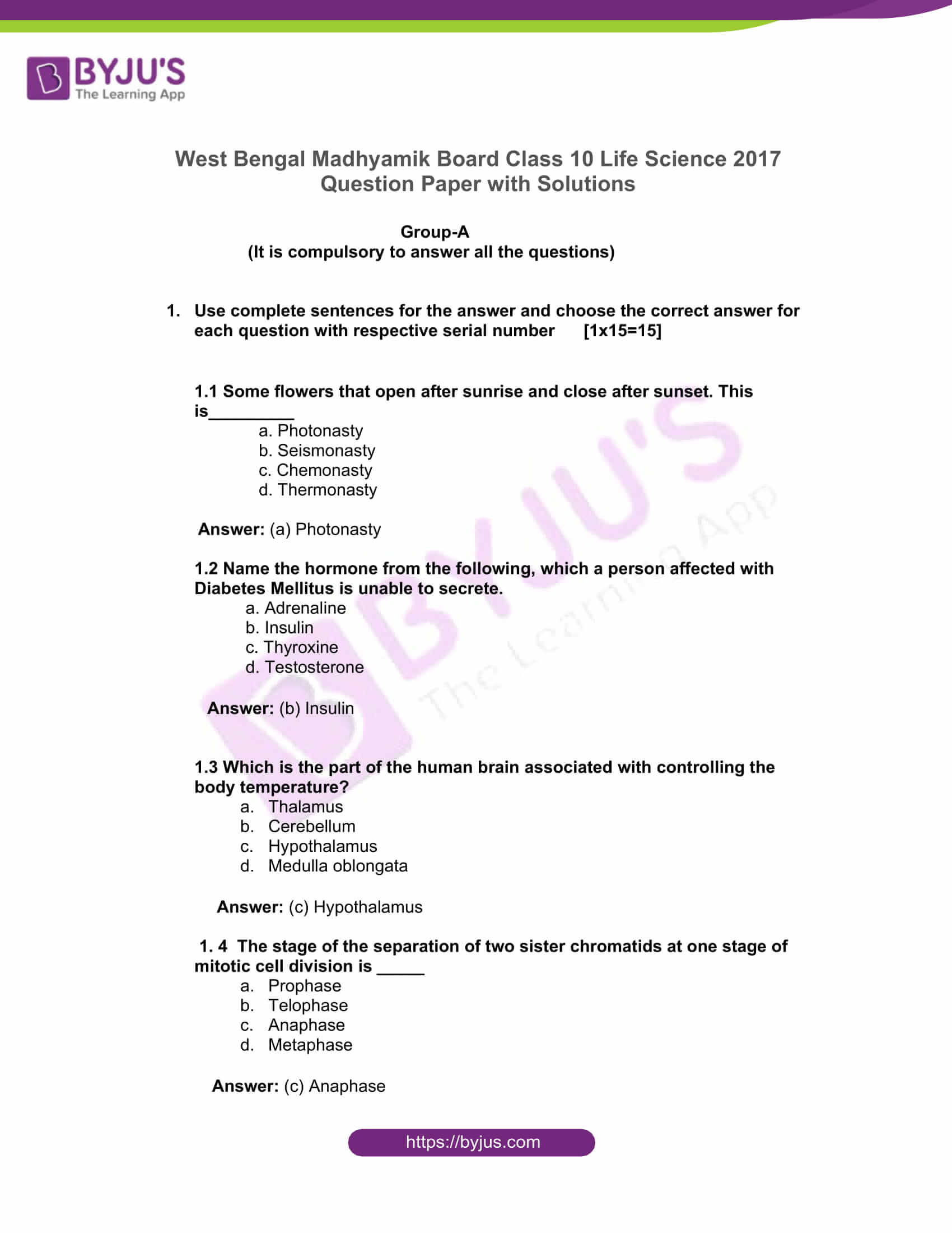 West Bengal Madhyamik Board Class 10 Life Science 2017 Question Paper