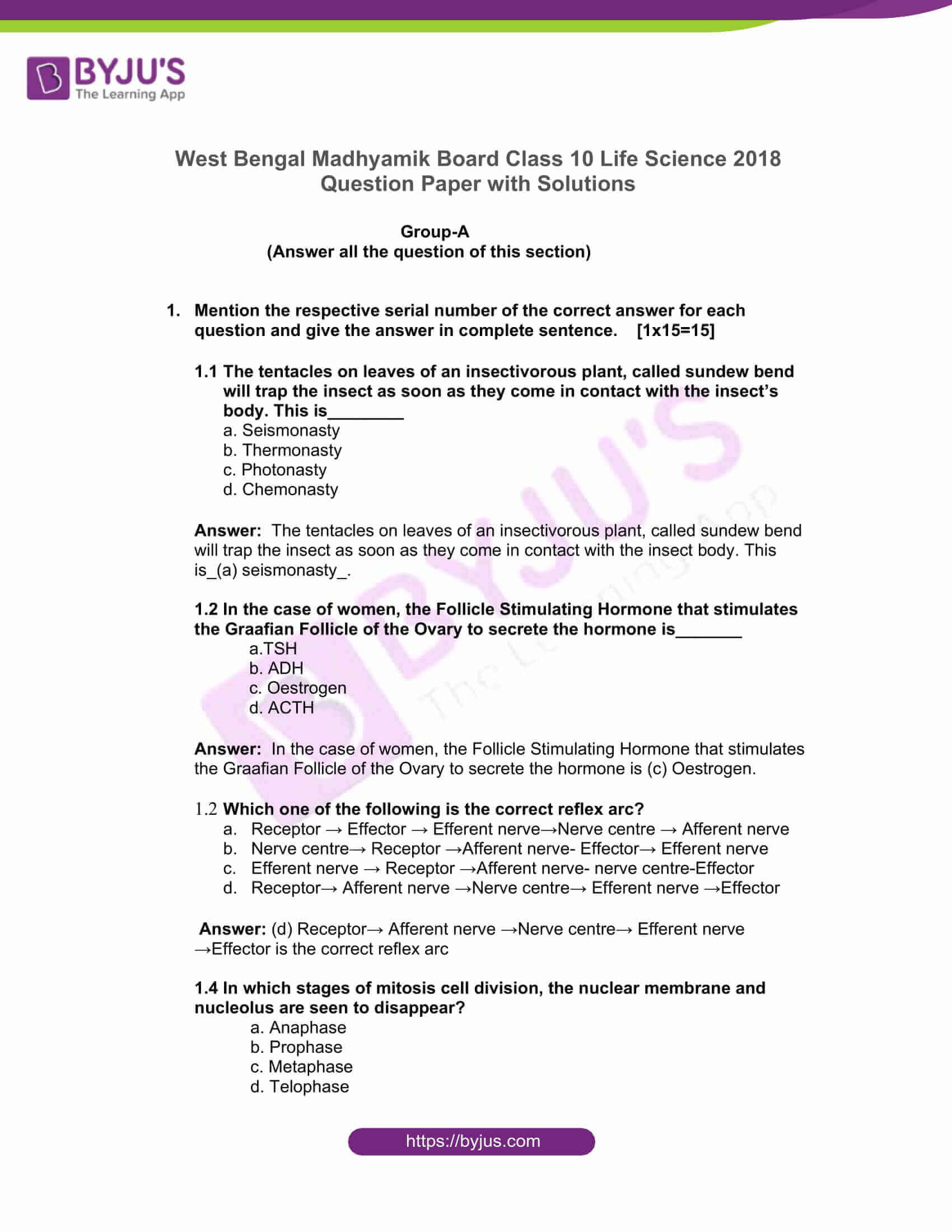 West Bengal Madhyamik Board Class 10 Life Science 2018 Question Paper