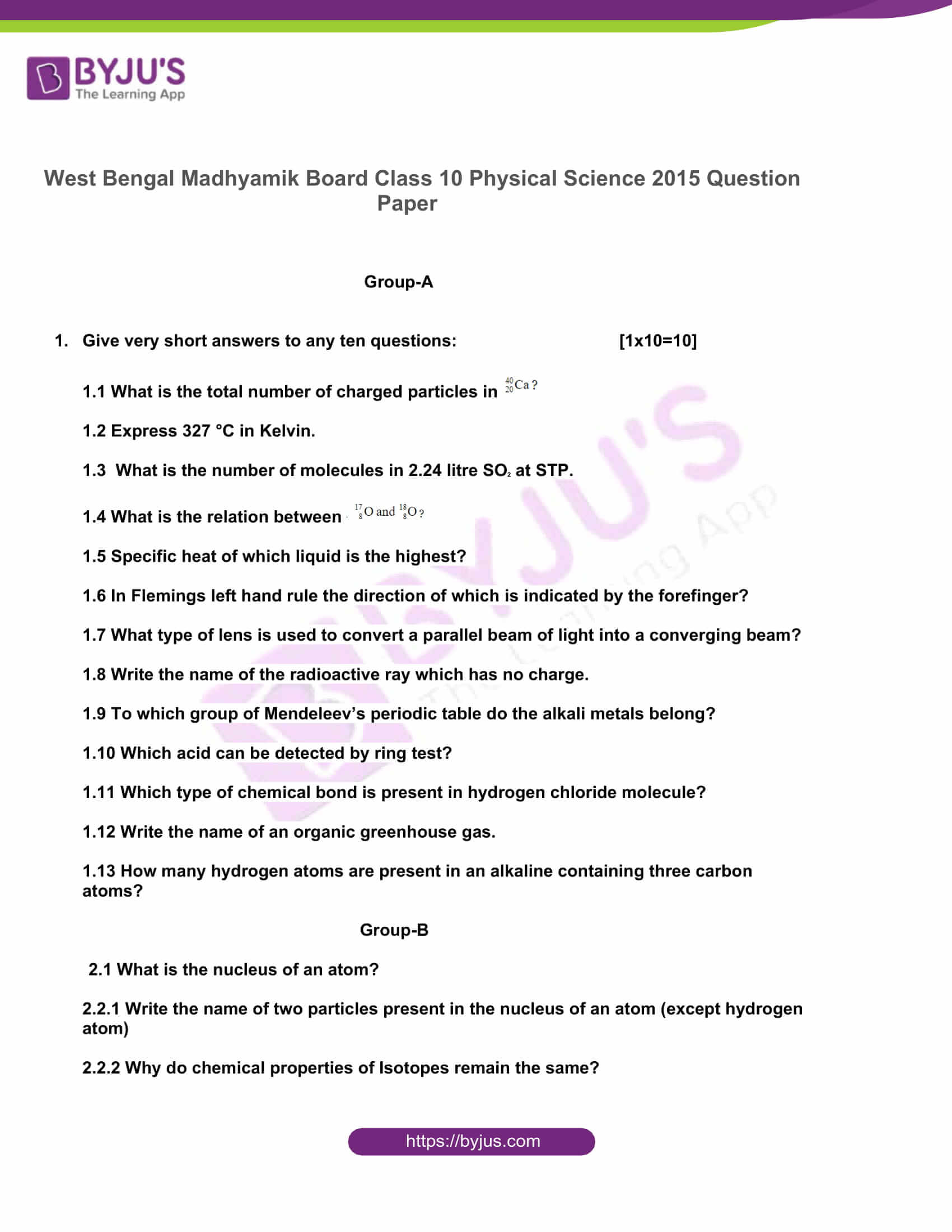 West Bengal Madhyamik Board Class 10 Physical Science 2015 Question