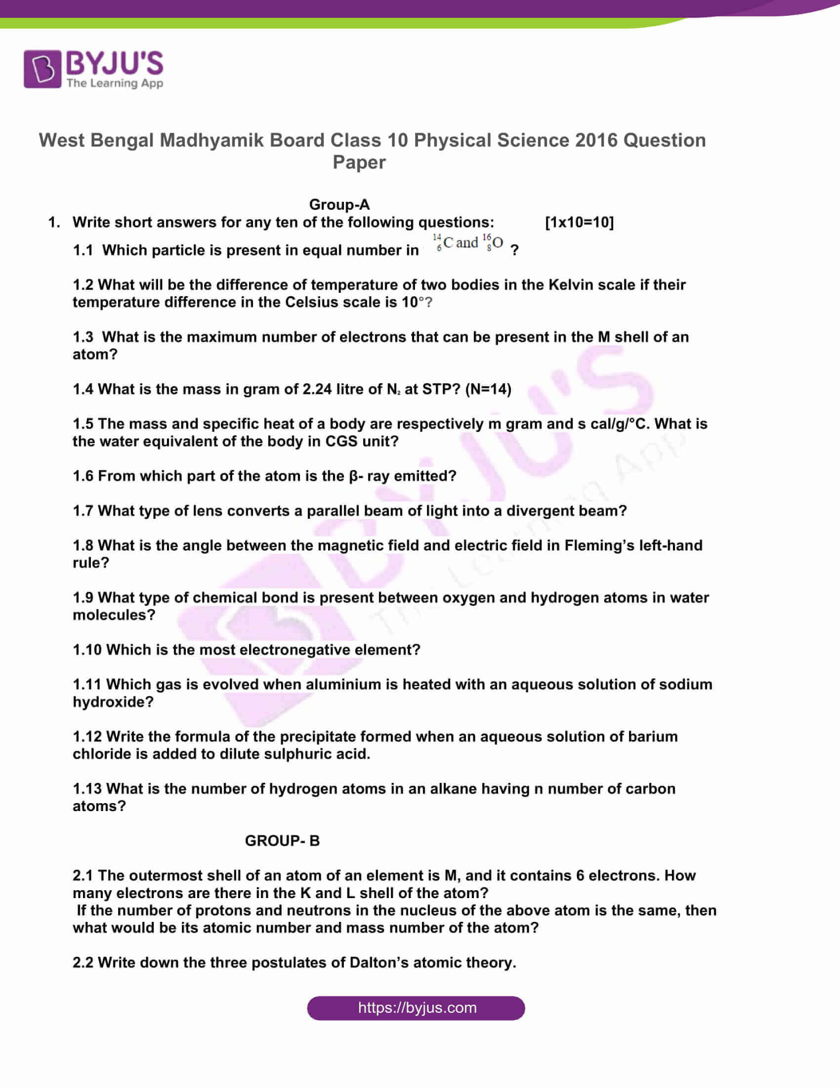 West Bengal Madhyamik Board Class 10 Physical Science 2016 Question West Bengal Madhyamik Board Class 10 Physical Science 2016 Question