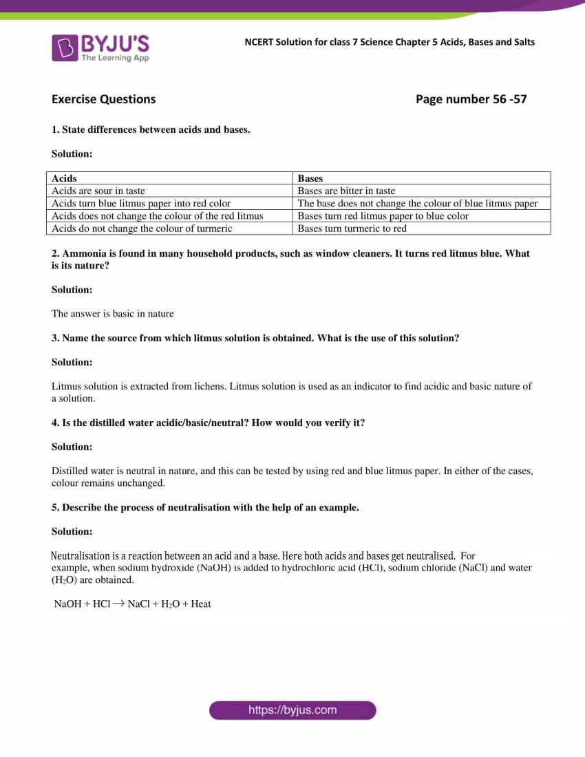 NCERT Solutions For Class 7 Science Chapter 5 Acids Bases And Salts NCERT Solutions For Class 7 Science Chapter 5 Acids Bases And Salts