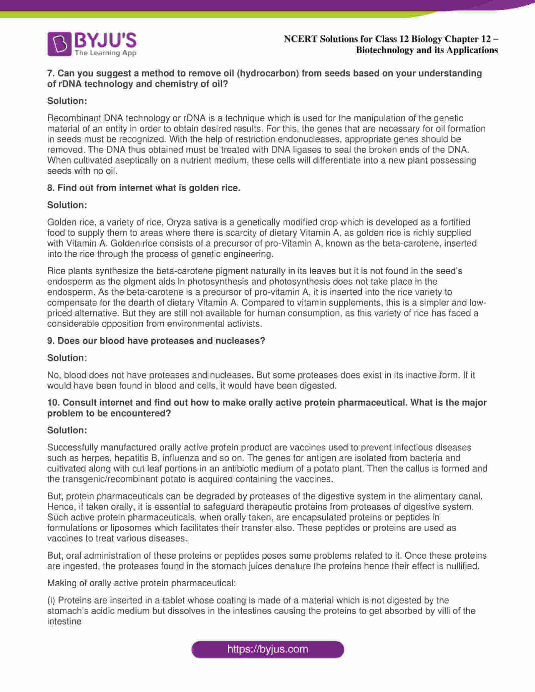 NCERT Solutions for Class 12 Biology Chapter 12 Biotechnology and its ...