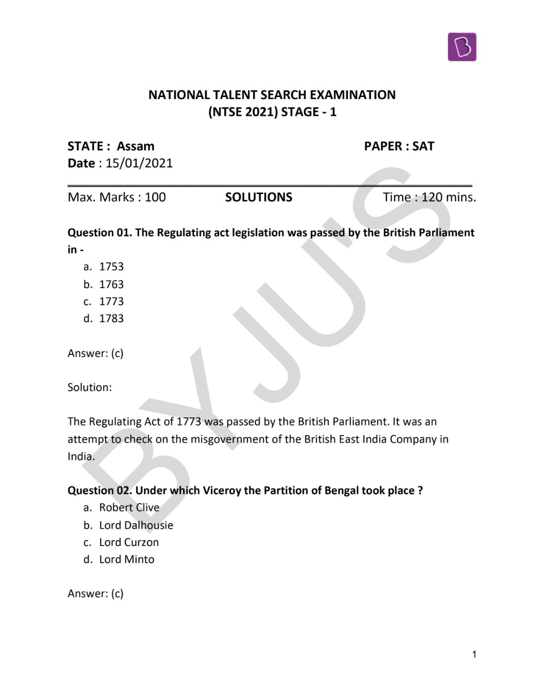 Assam 2020-21 NTSE Stage 1 Answer Key & Question Paper With Solutions