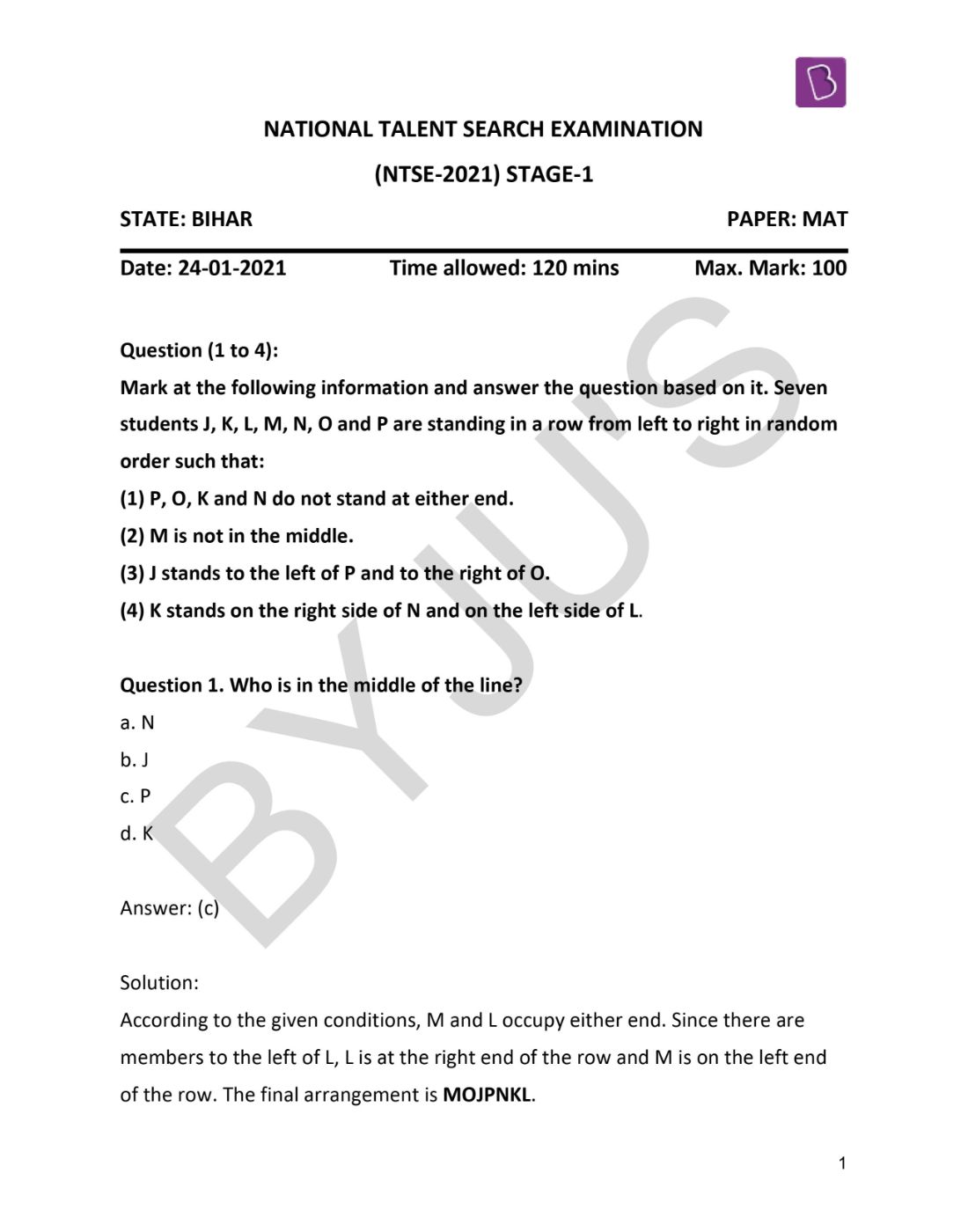 Bihar 2020-21 NTSE Stage 1 Answer Key & Question Paper With Solutions