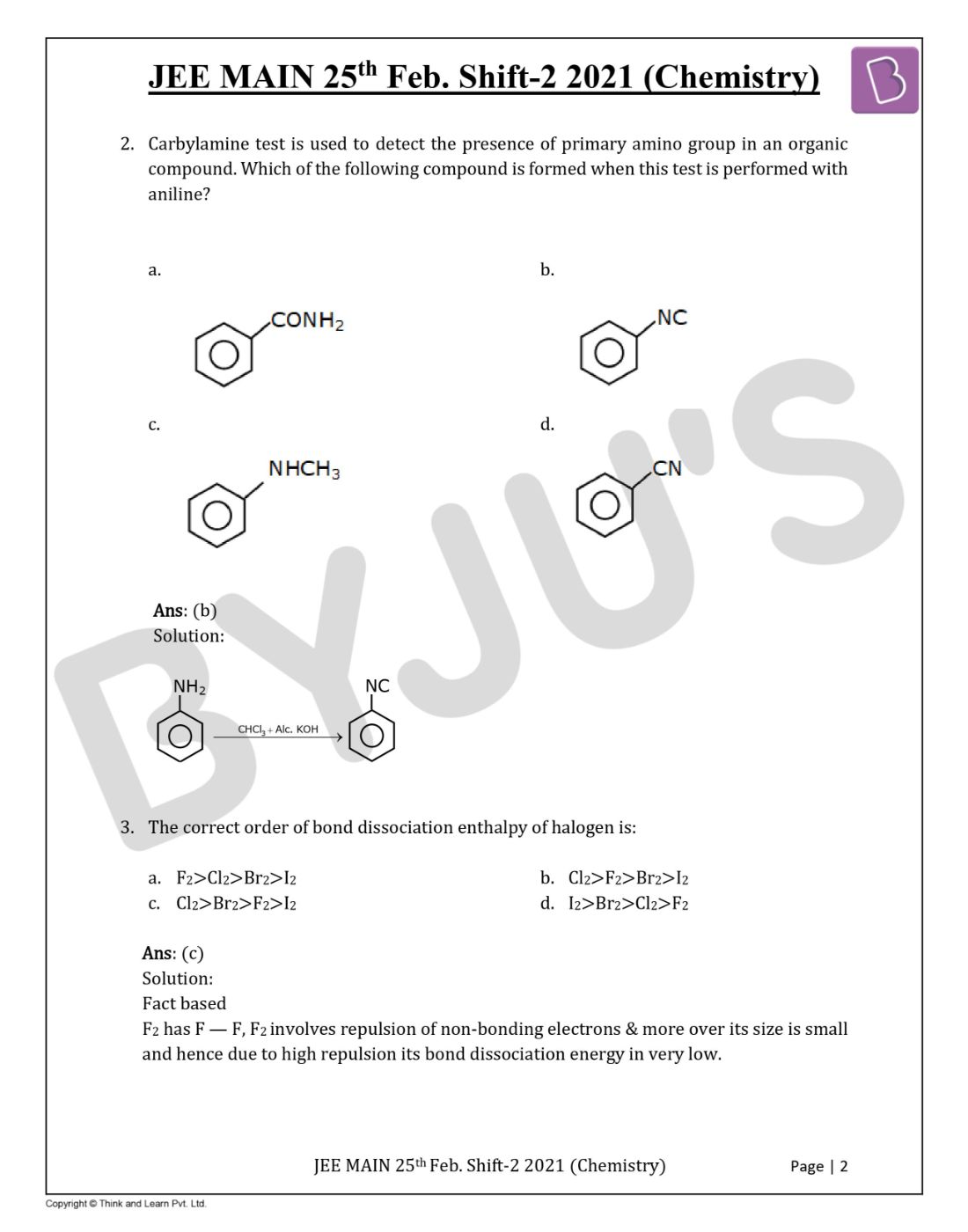 JEE Main 2021 February 25 Shift 2 Chemistry Question Paper with Solutions