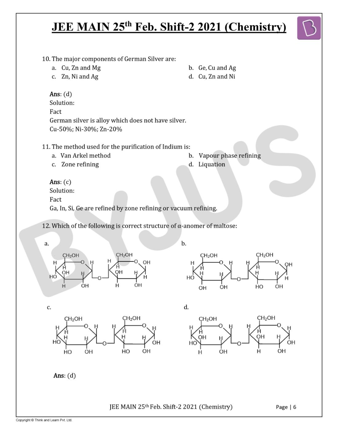JEE Main 2021 February 25 Shift 2 Chemistry Question Paper with Solutions