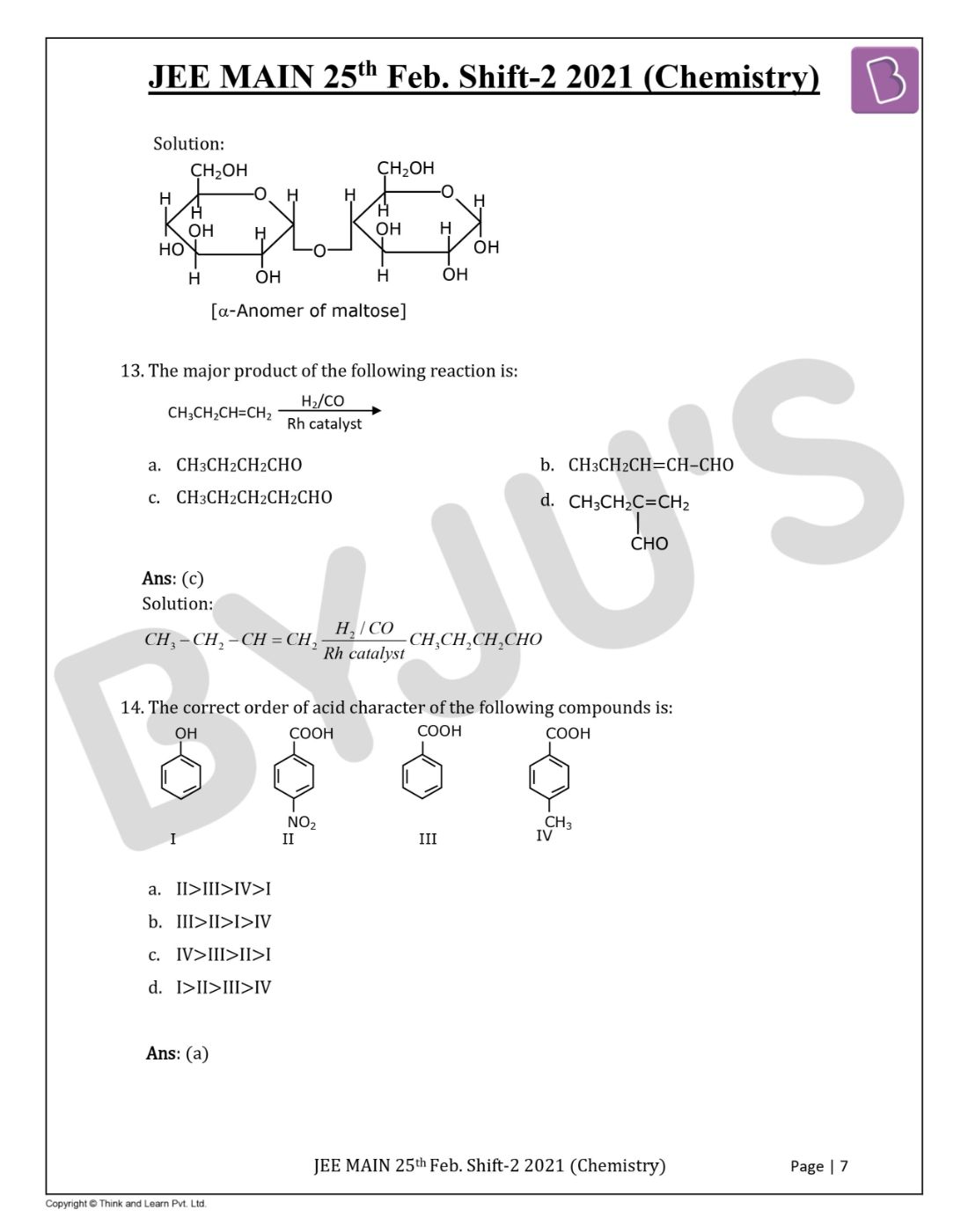 JEE Main 2021 February 25 Shift 2 Chemistry Question Paper with Solutions