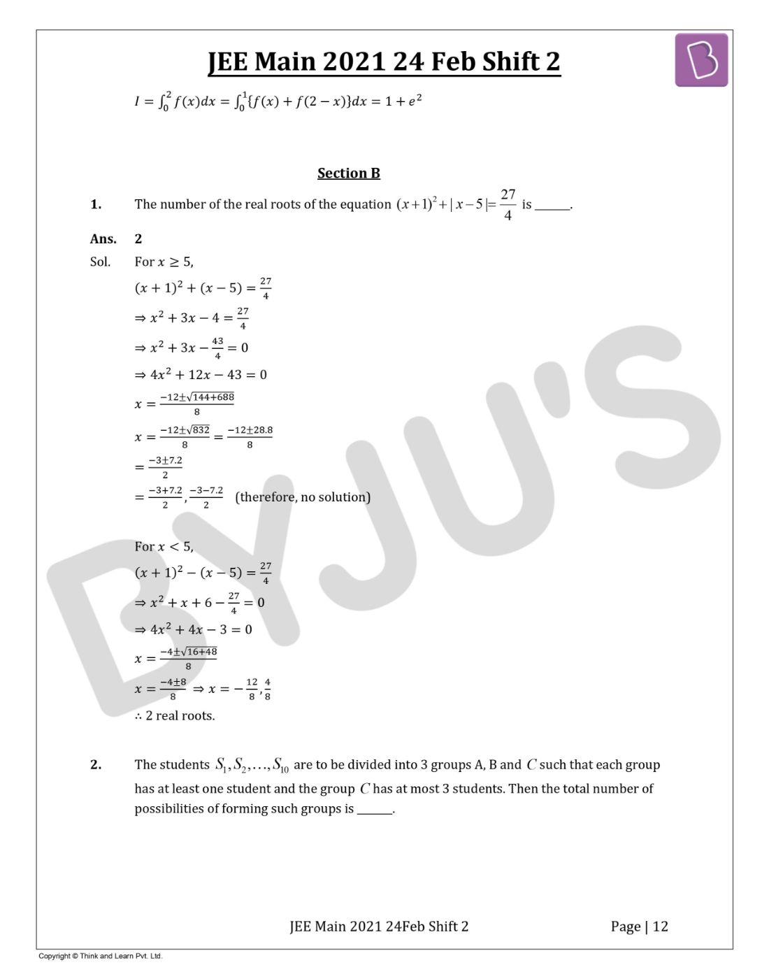 JEE Main 2021 Maths Paper With Solutions - Session Feb 24 Shift 2