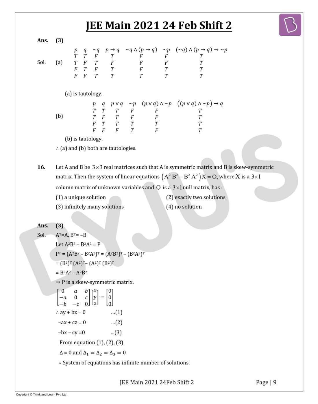JEE Main 2021 Maths Paper With Solutions - Session Feb 24 Shift 2
