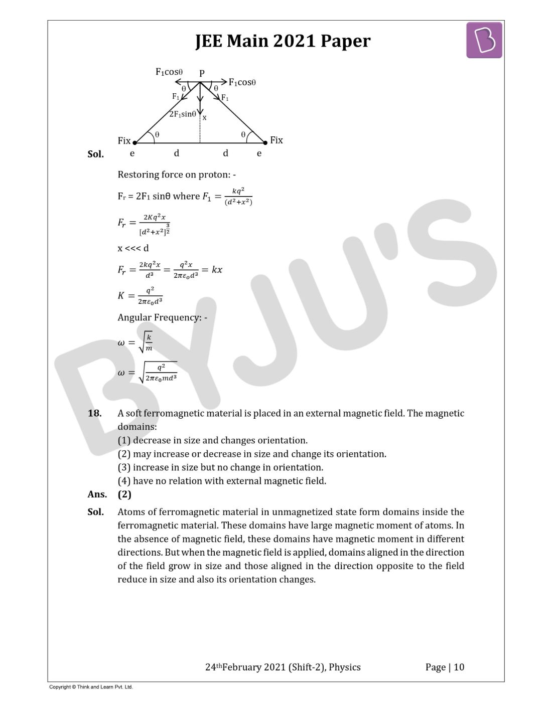 JEE Main 2021 Physics Paper With Solutions - Session Feb 24 Shift 2